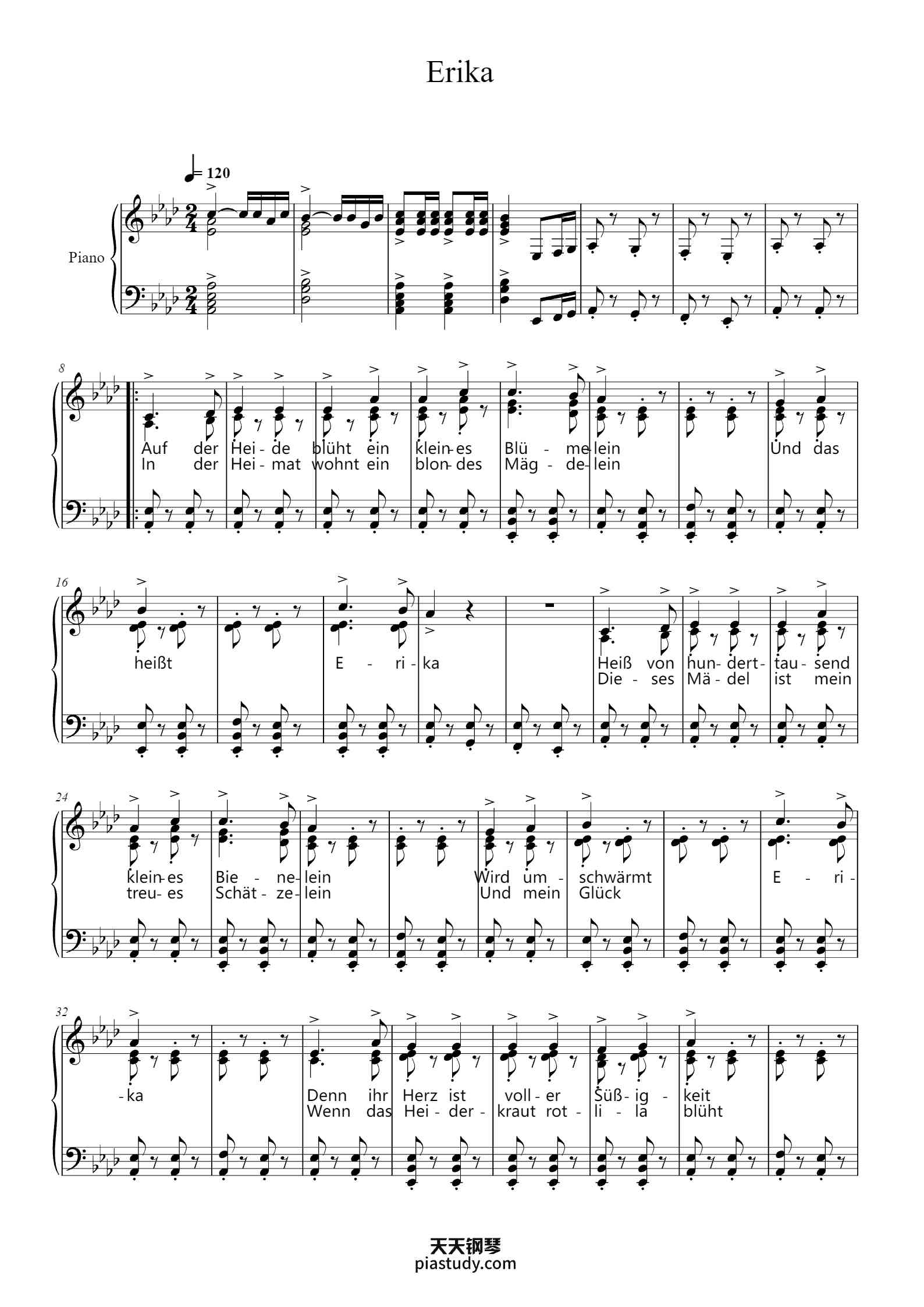 'Erika' - Beginner Piano Sheet Music by Palce Motwain | TOPiano