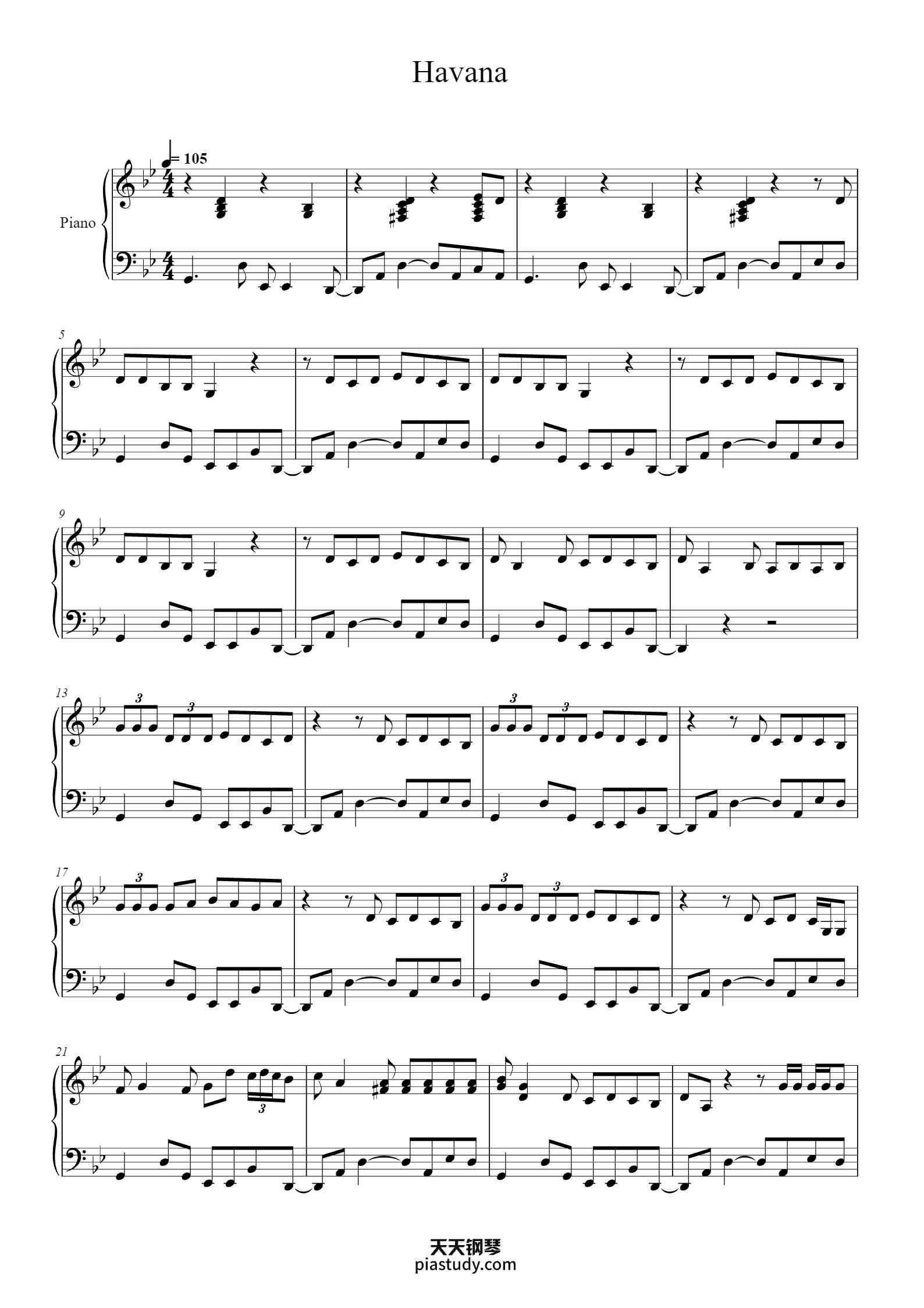 'Havana' - Piano Sheet Music By Camila Cabello/Pharrell Williams/Adam ...