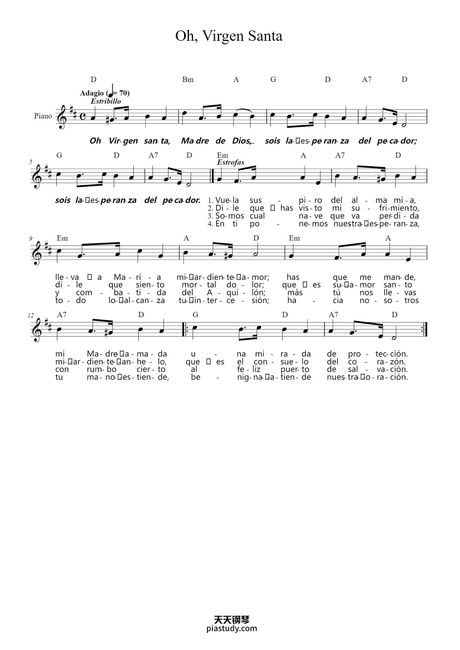 'Oh, Virgen Santa' - Piano Sheet Music By Anónimo | TOPiano