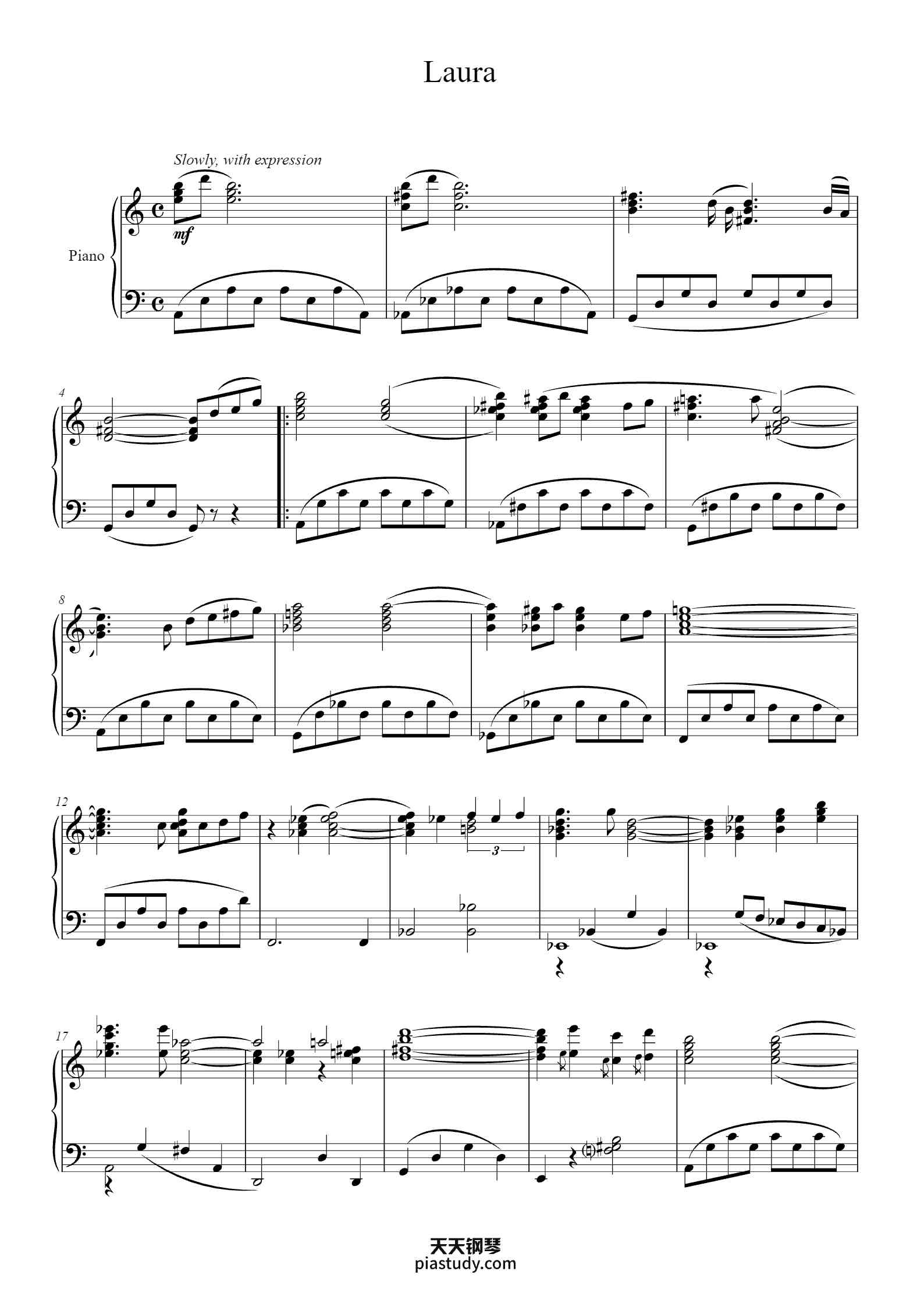 'Laura' - Piano Sheet Music By Words by Johnny Mercer & Music by David ...