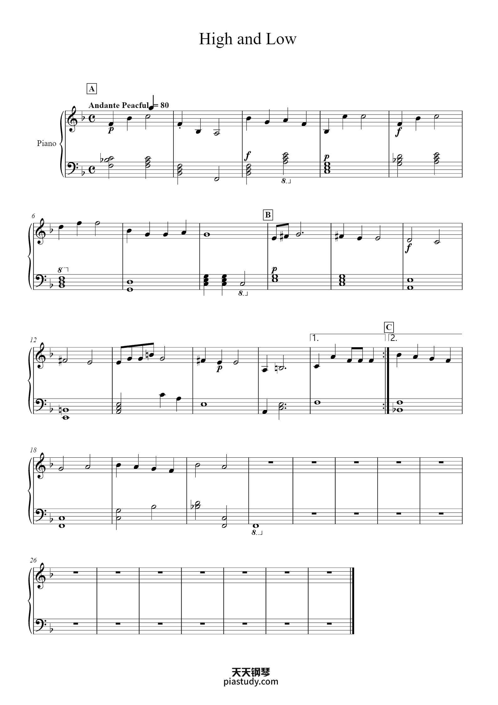 'High and Low' - Piano Sheet Music By Nate Habas Andante Peaccefully ...