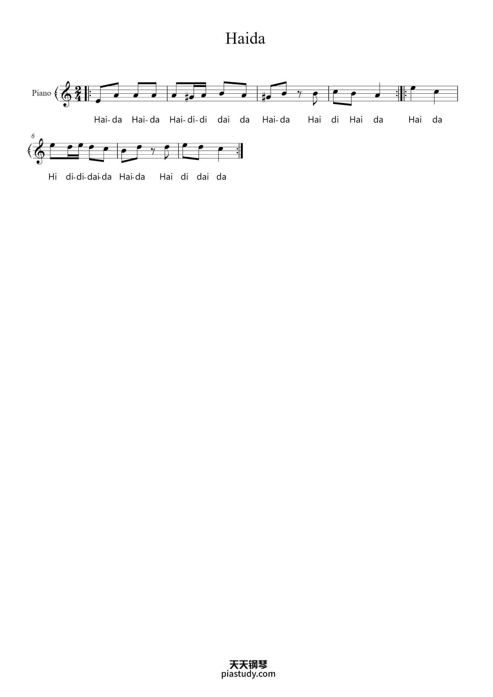 Haida钢琴谱 - Traditional - free piano sheet music - PiaNoproblem