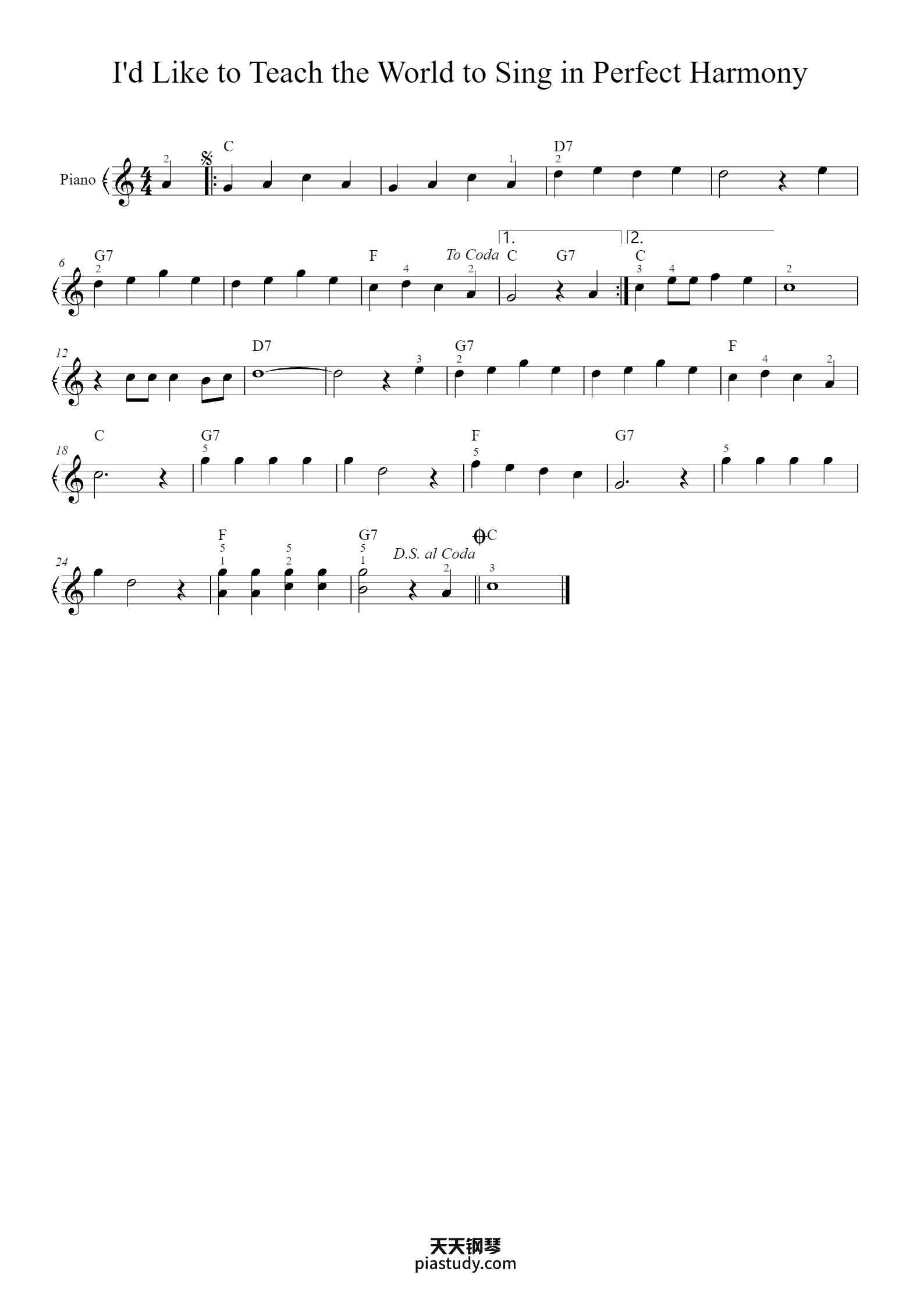 'I'd Like to Teach the World to Sing in Perfect Harmony' - Piano Sheet ...