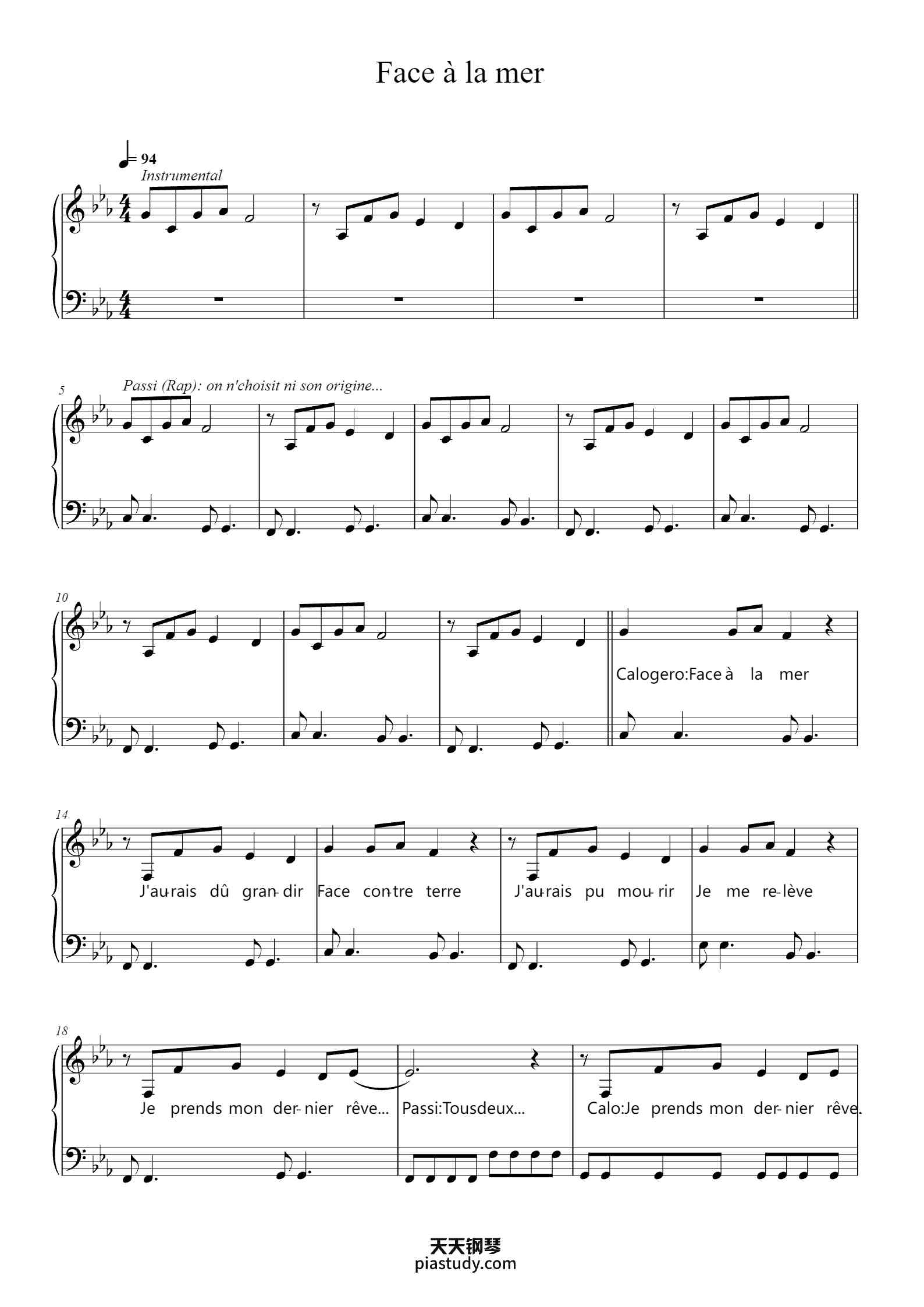 Face à la mer钢琴谱 - Calogero/Gioacchino - free piano sheet music ...