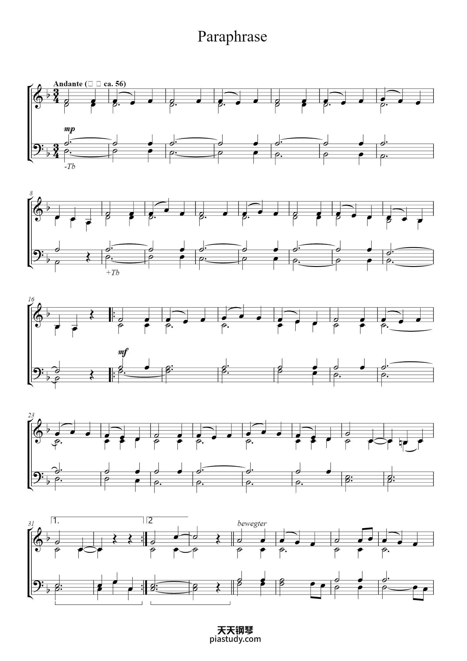 'Paraphrase' - Piano Sheet Music By Musik und Bläserbearbeitung: Anne ...