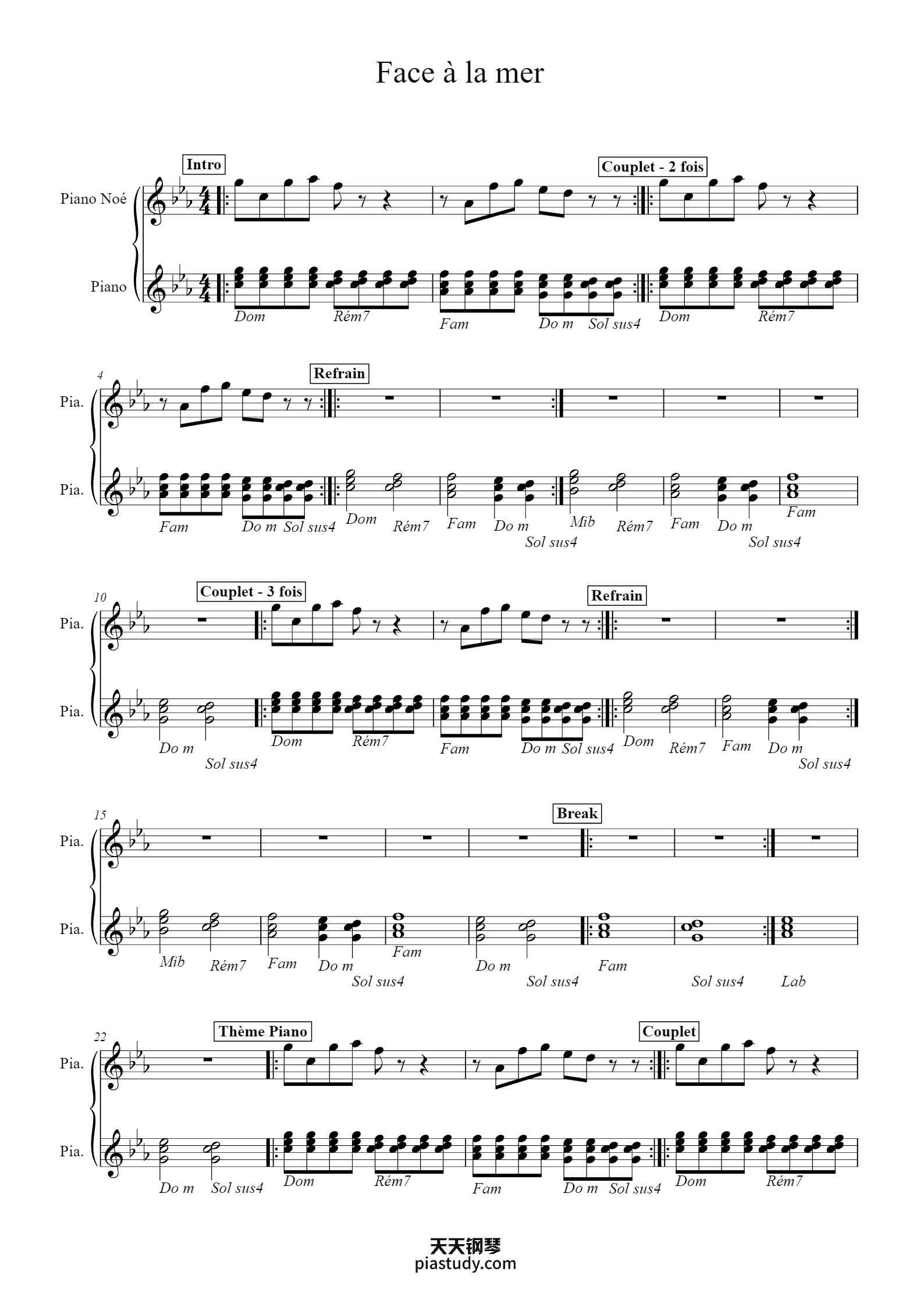 'Face à la mer' - Piano Sheet Music By Calogero | TOPiano