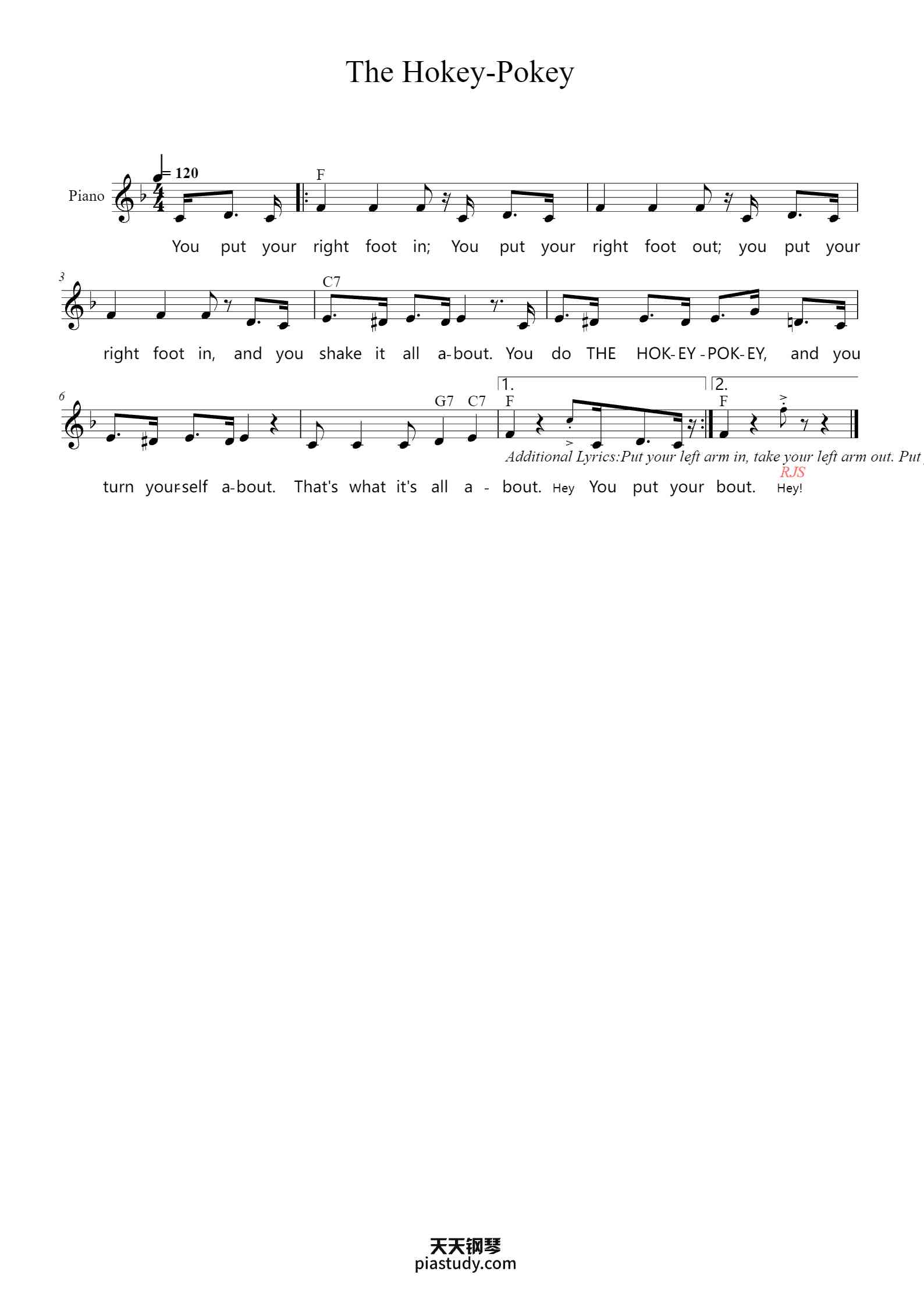 The Hokey-Pokey钢琴谱 - Misc Traditional - free piano sheet music ...
