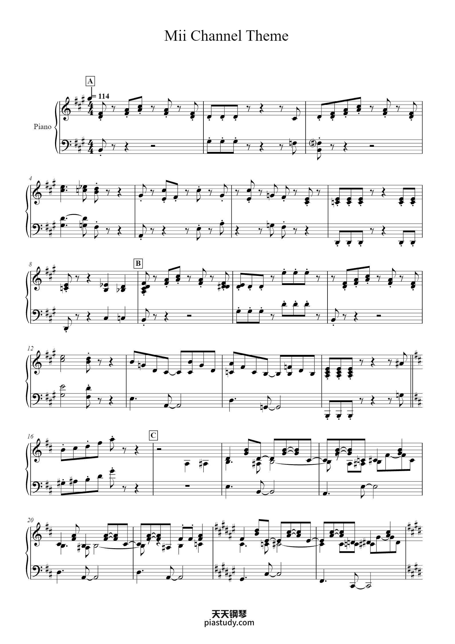 'Mii Channel Theme' - Piano Sheet Music By Kazumi Totaka tr. Garrett ...