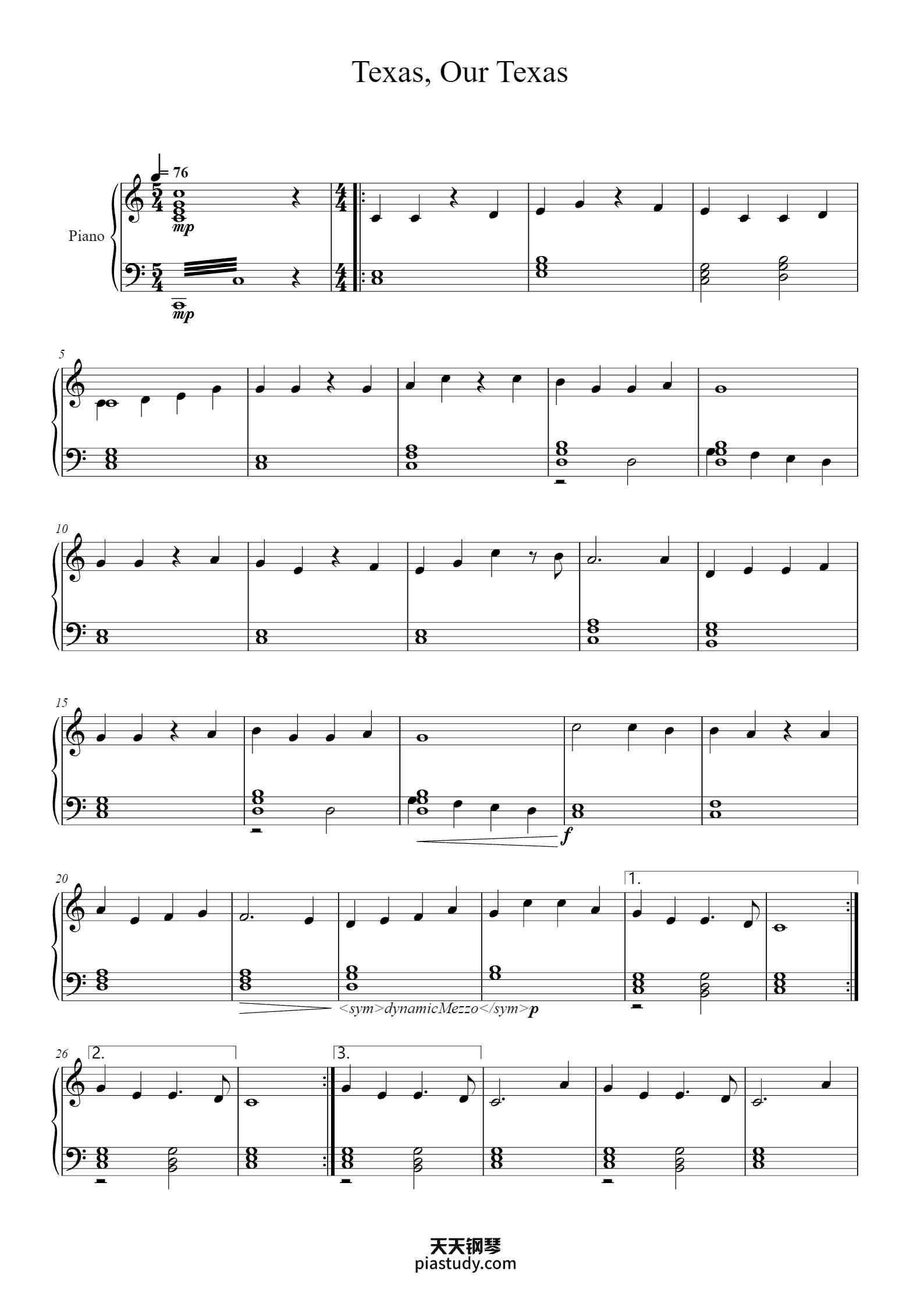 'Texas, Our Texas' - Piano Sheet Music By Arranged by Benjamin Posada ...