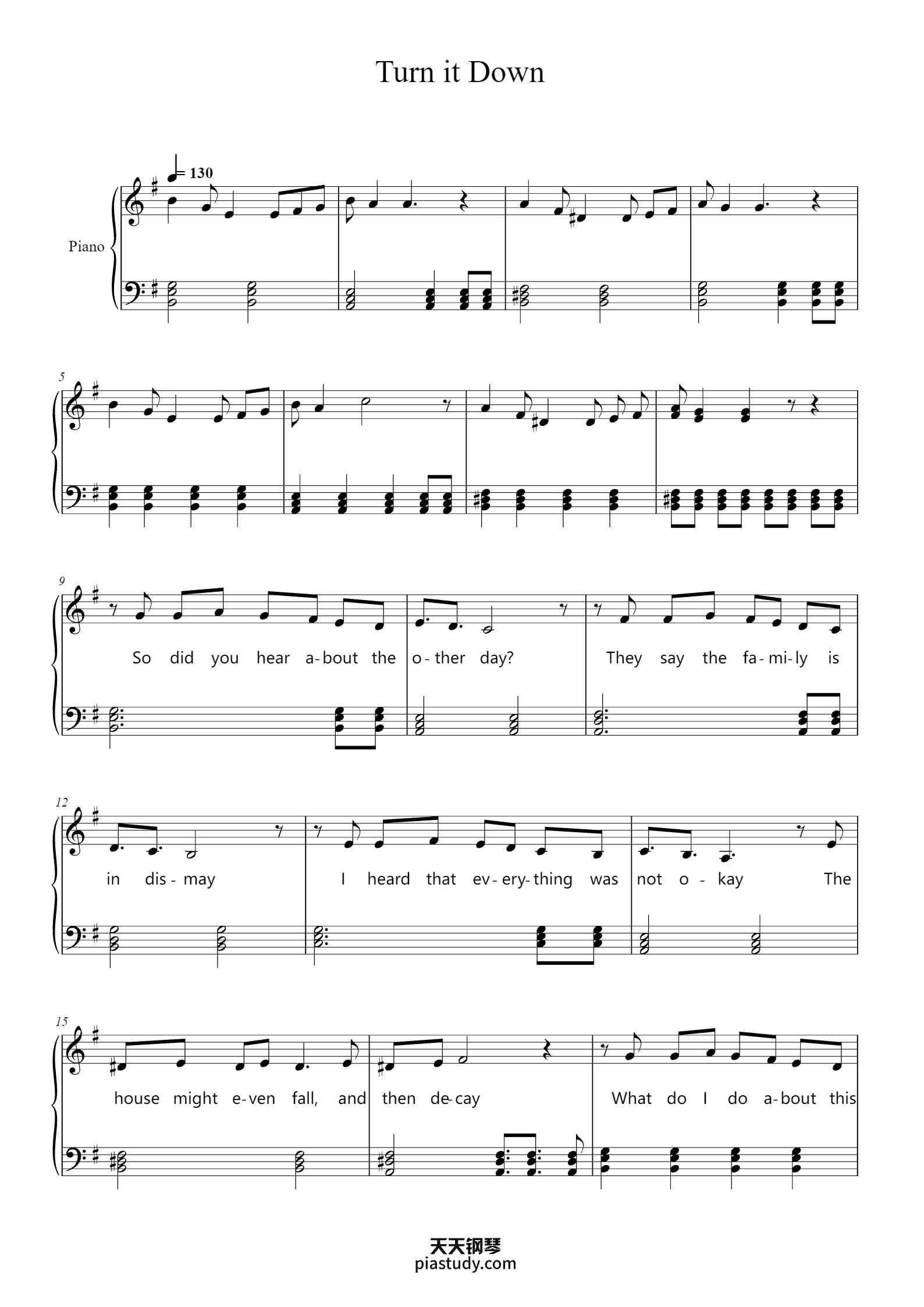 Turn it Down钢琴谱 - Chi Chi/Or3o - free piano sheet music - PiaNoproblem