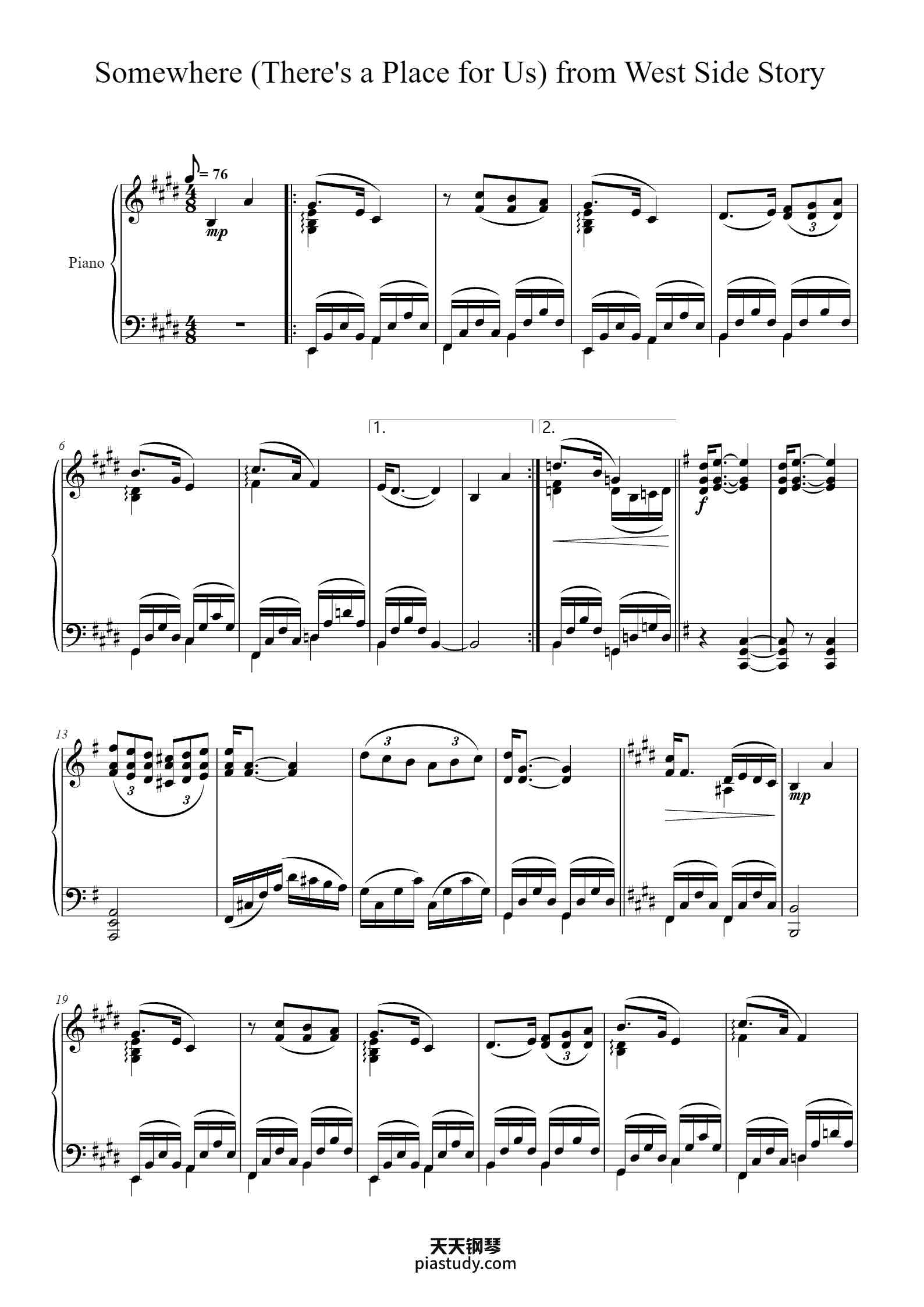 'Somewhere (There's a Place for Us) from West Side Story' - Piano Sheet ...