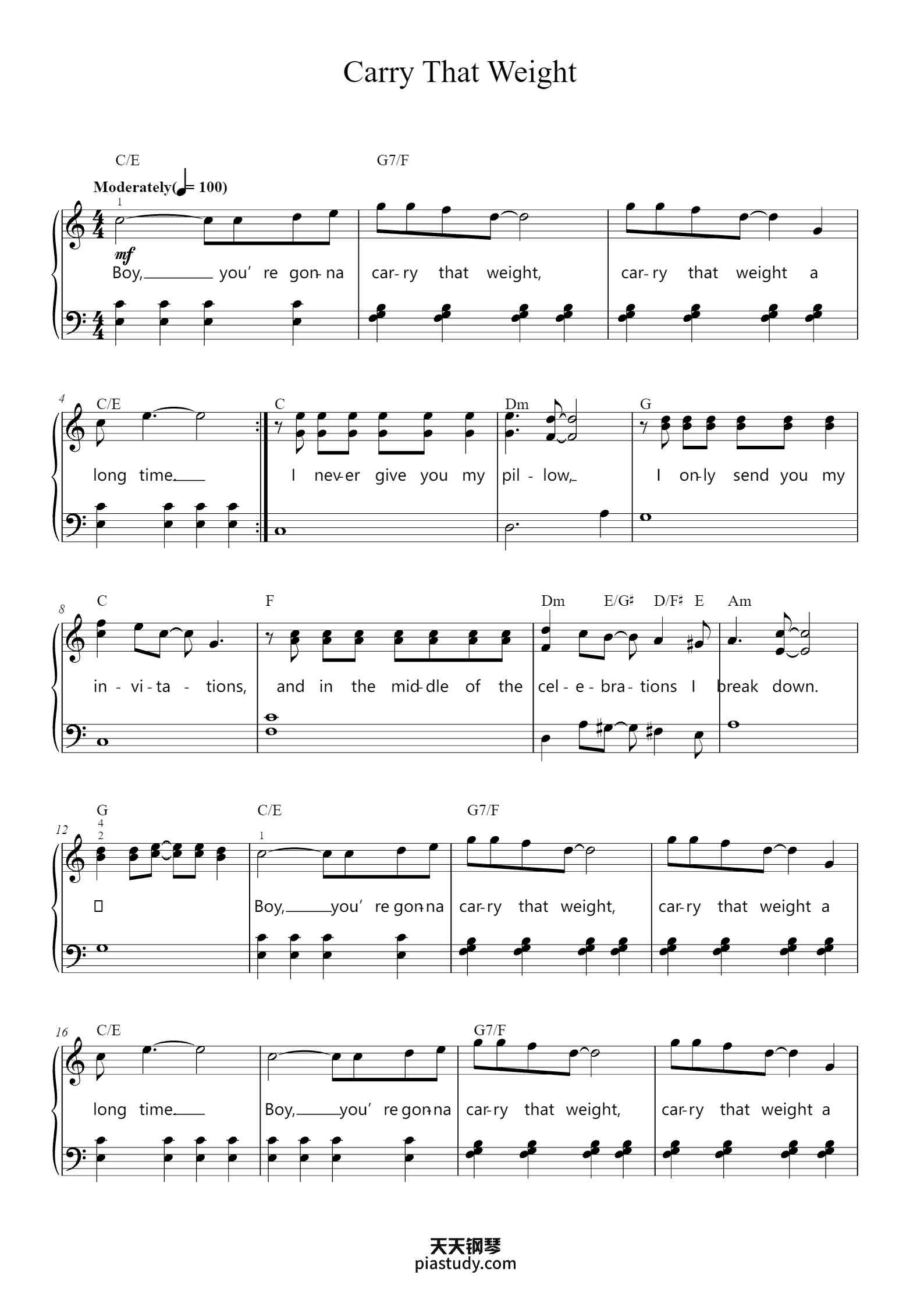 Carry That Weight钢琴谱 - The Beatles - free piano sheet music - PiaNoproblem