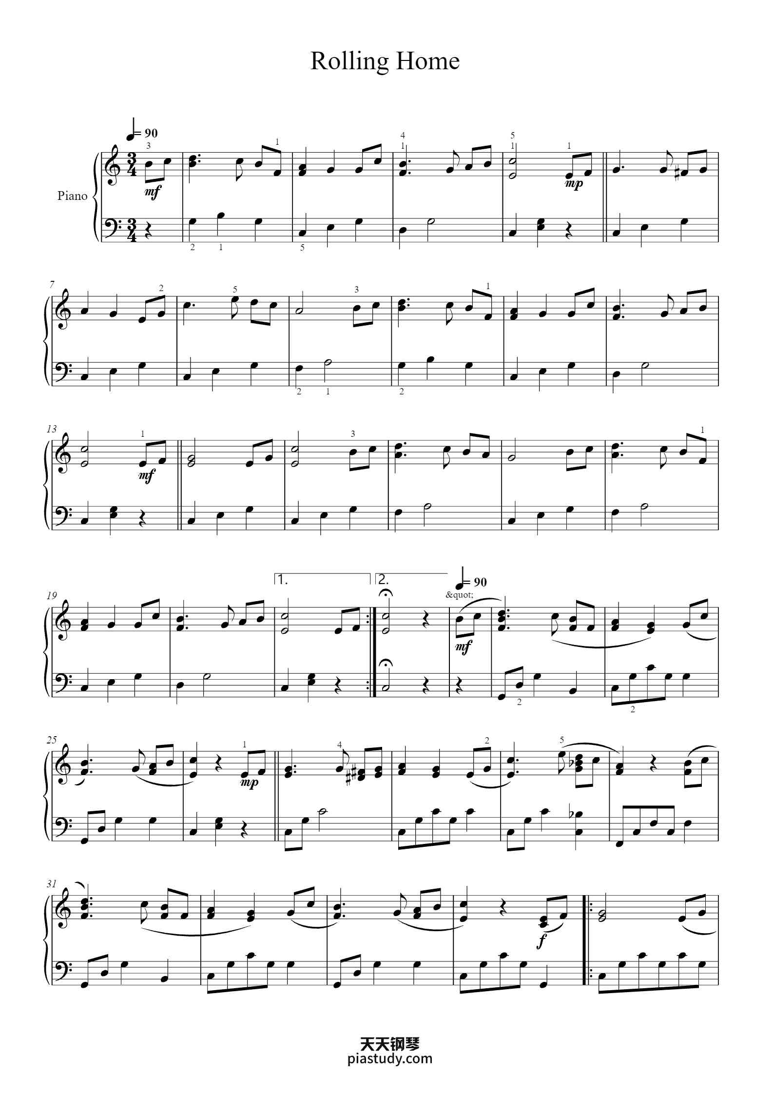 Rolling Home钢琴谱 - Freddy Quinn - free piano sheet music - PiaNoproblem