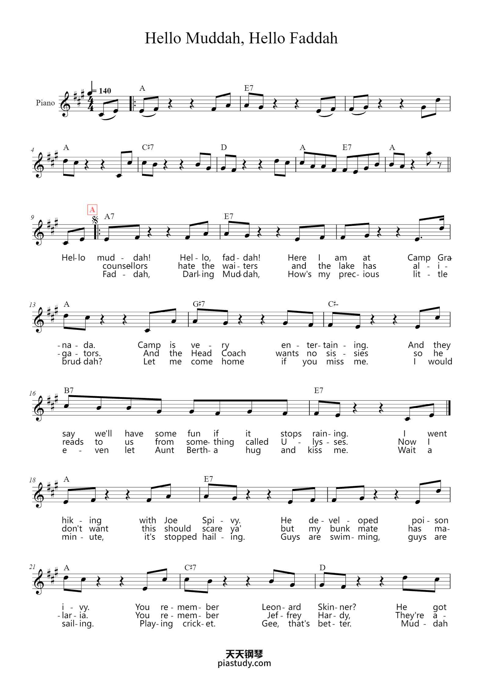 Hello Muddah, Hello Faddah钢琴谱 - Allan Sherman/Lou Busch - free piano ...