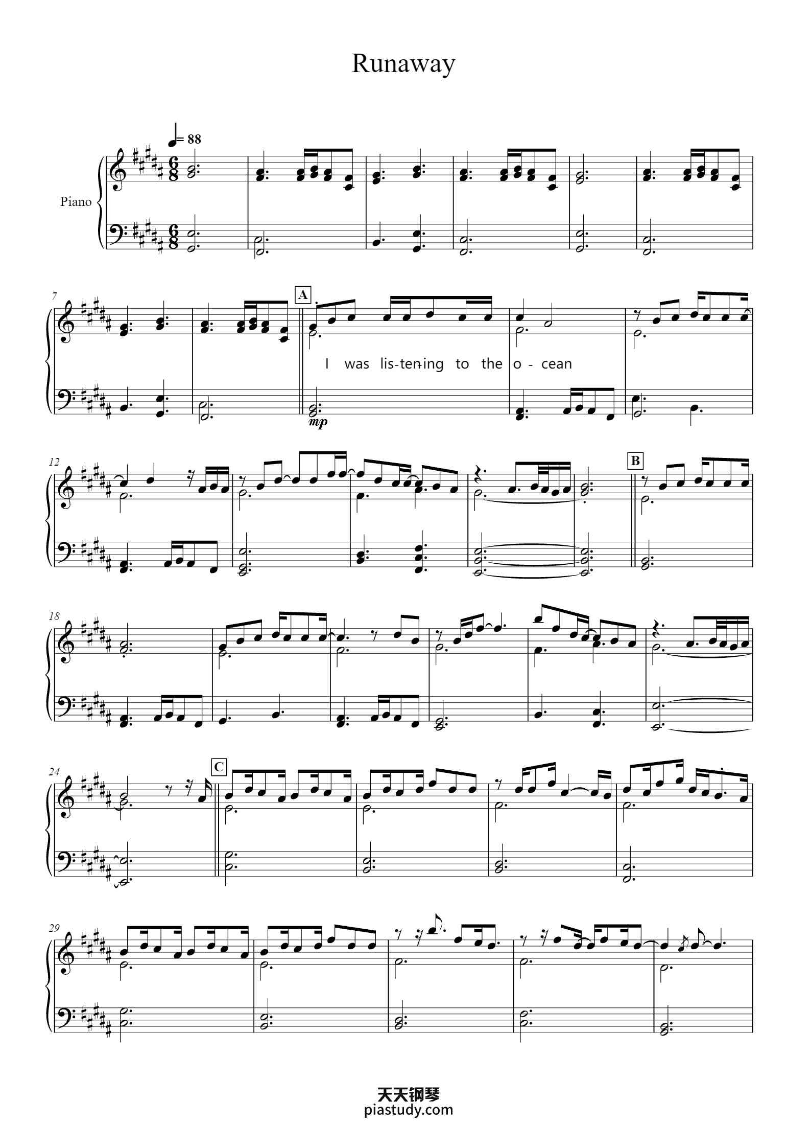 'Runaway' - Beginner Piano Sheet Music by Hillstone Ogmin | TOPiano