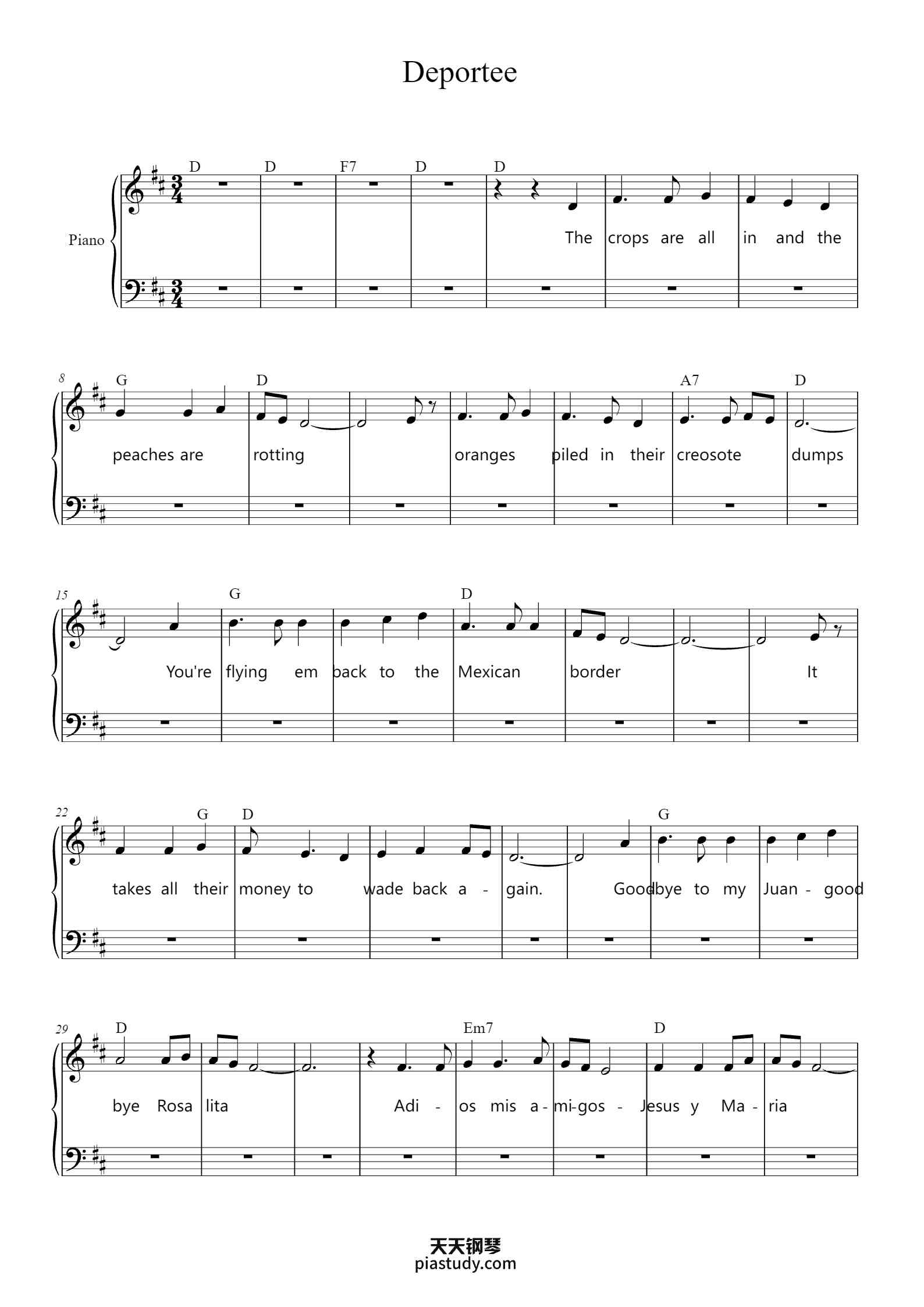 'Deportee' - Piano Sheet Music By Woody Guthree | TOPiano