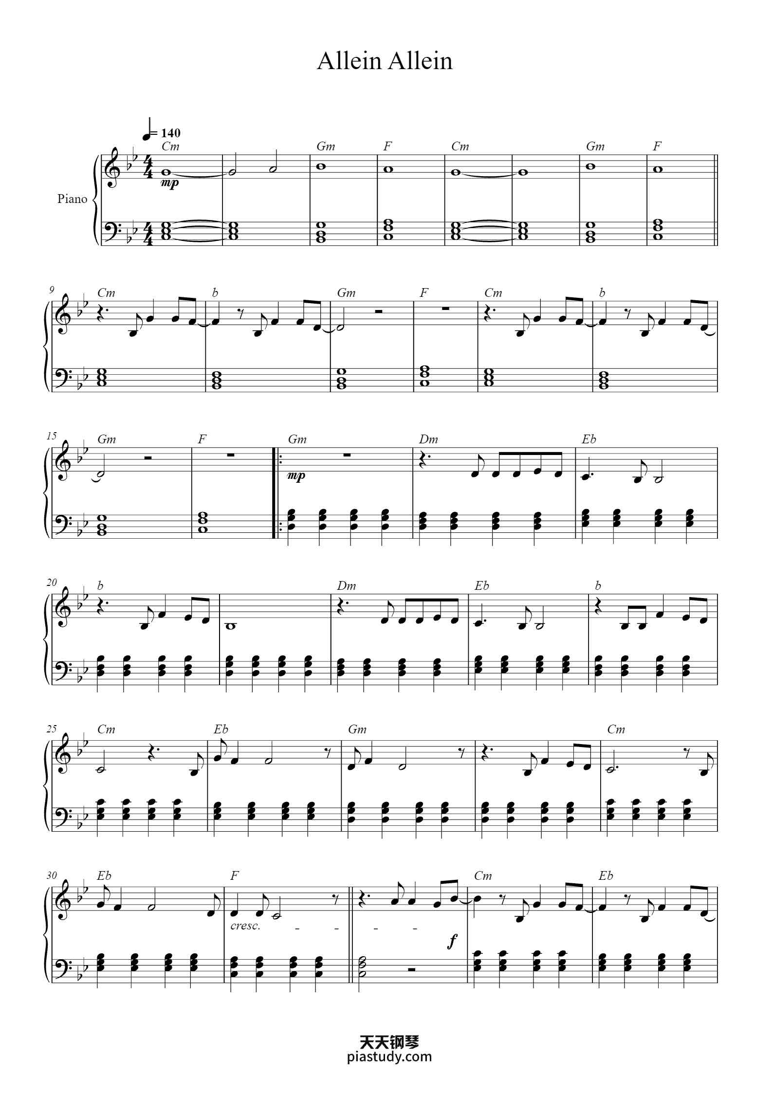 Allein Allein钢琴谱 - Polarkreis 18 - free piano sheet music - PiaNoproblem
