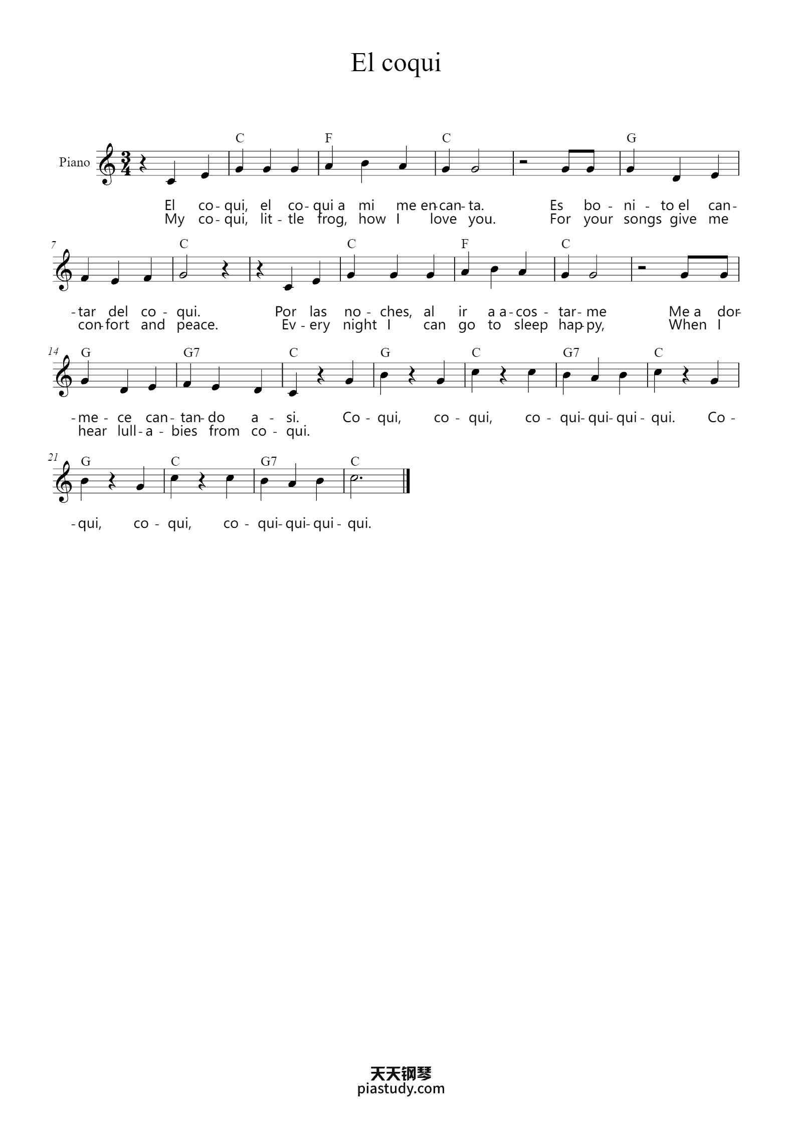 El coqui钢琴谱 - Traditional Folk - free piano sheet music - PiaNoproblem