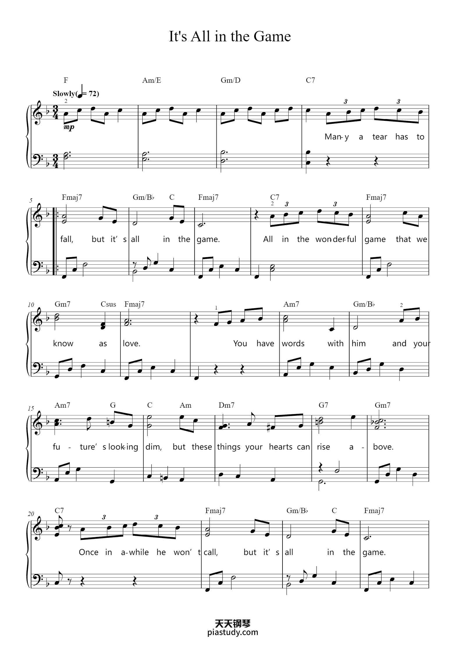 'It's All in the Game' - Piano Sheet Music By Lyrics by CARL SIGMAN ...