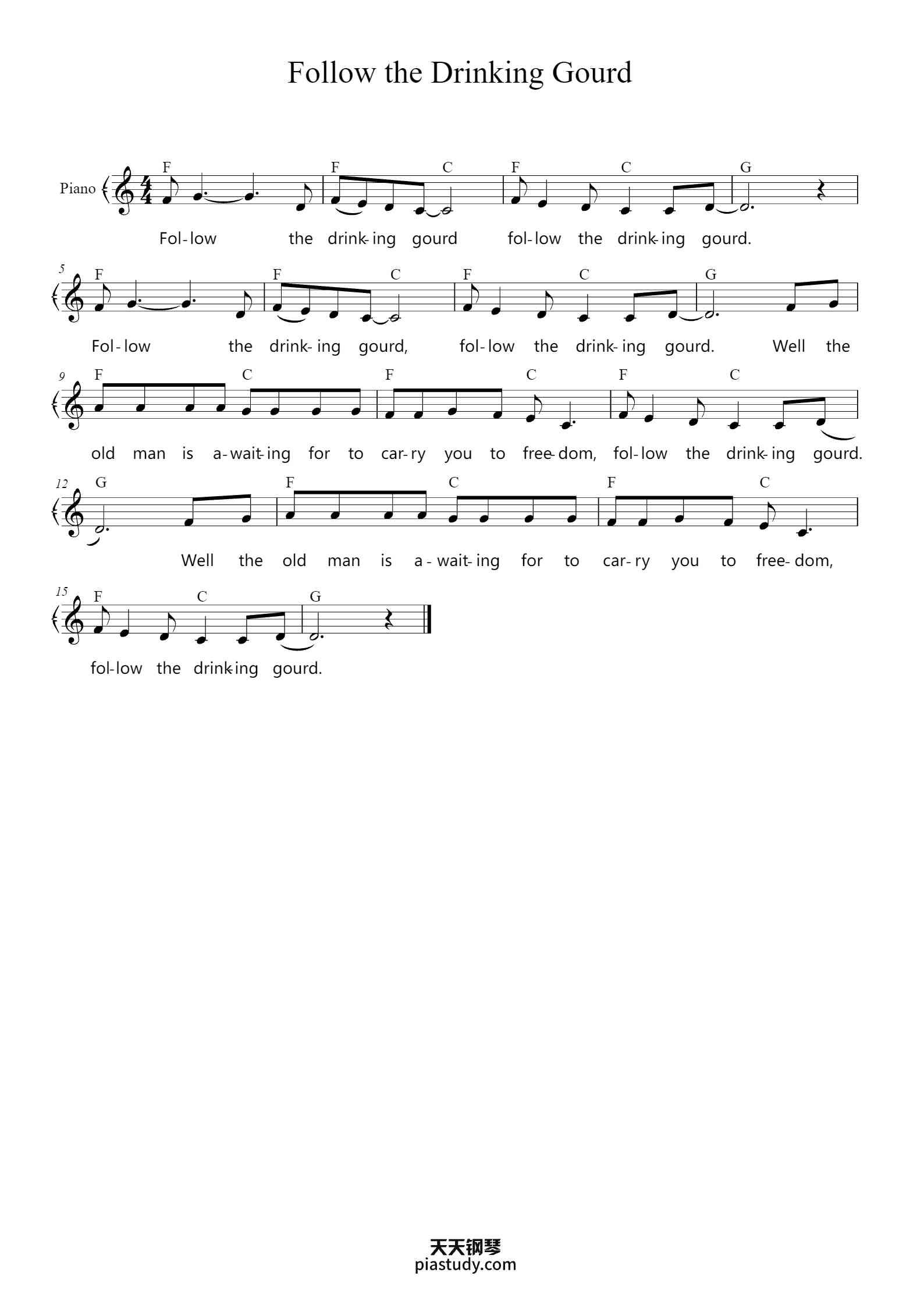 'Follow the Drinking Gourd' - Piano Sheet Music By Traditional Arranged ...