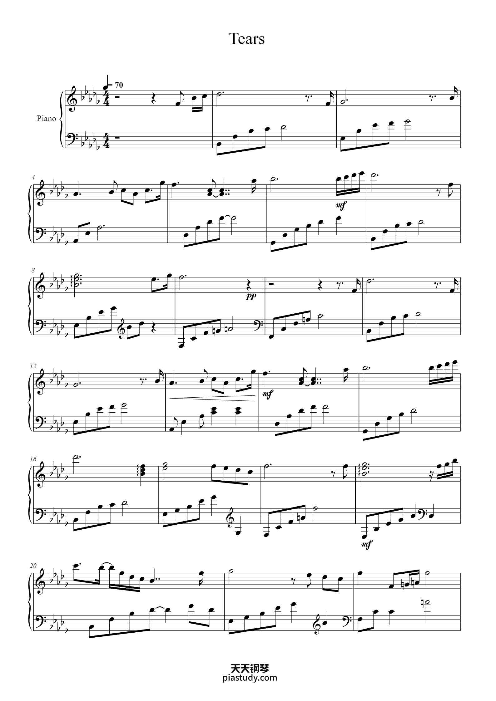 Tears钢琴谱 - The Daydream - free piano sheet music - PiaNoproblem