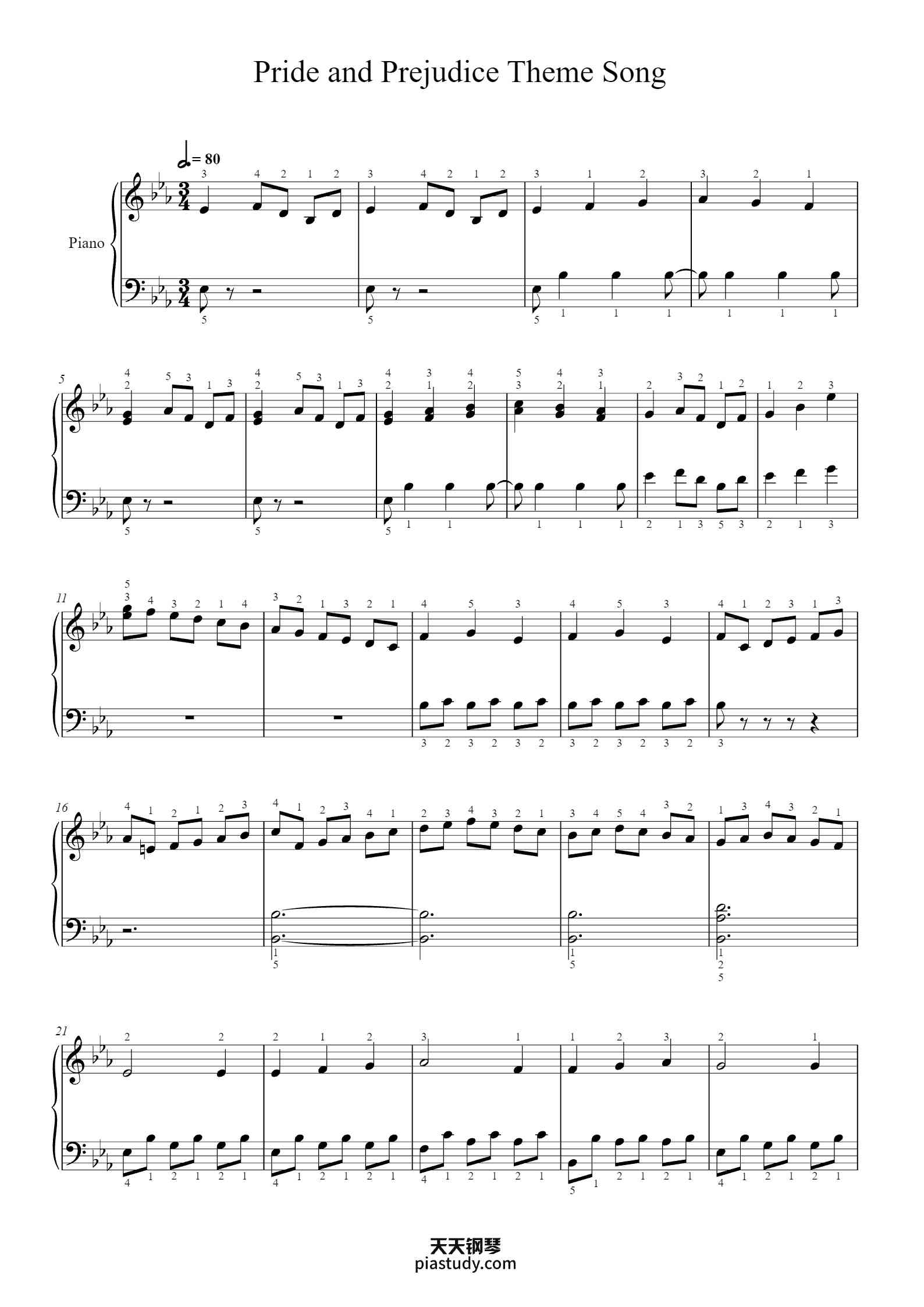 'Pride and Prejudice Theme Song' - Piano Sheet Music By Misc Soundtrack ...