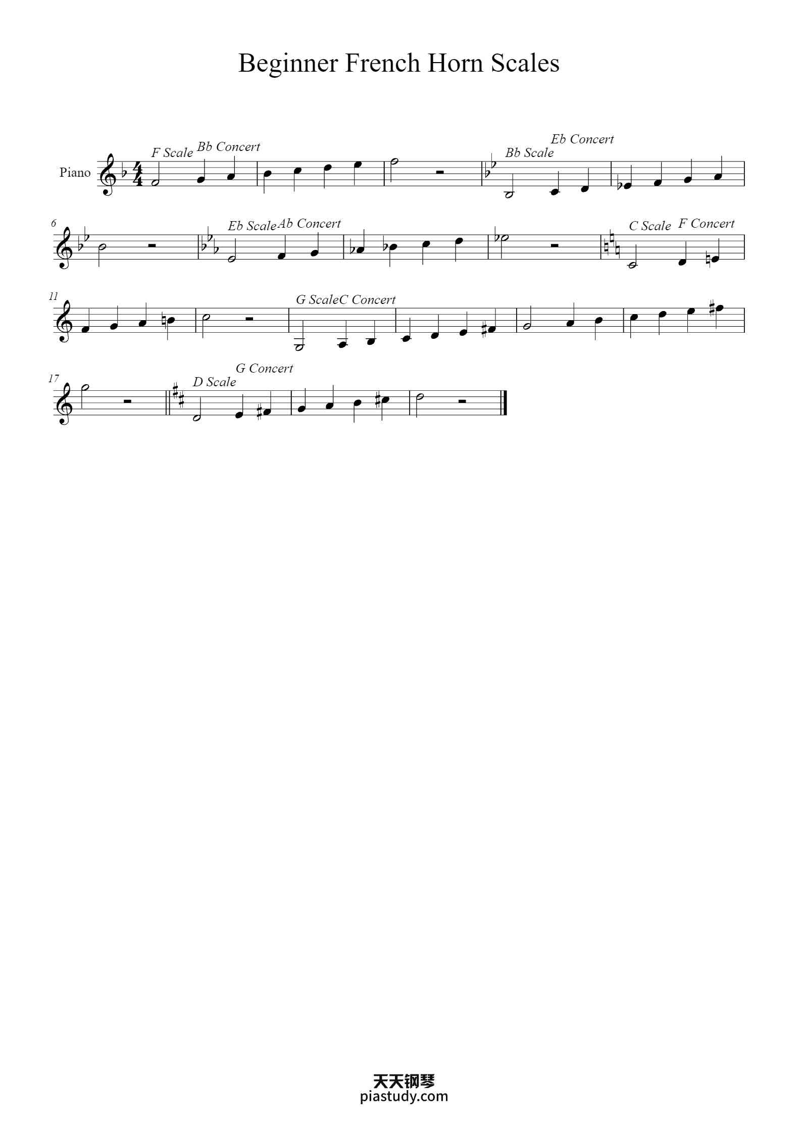 'Beginner French Horn Scales' - Piano Sheet Music By Composer | TOPiano