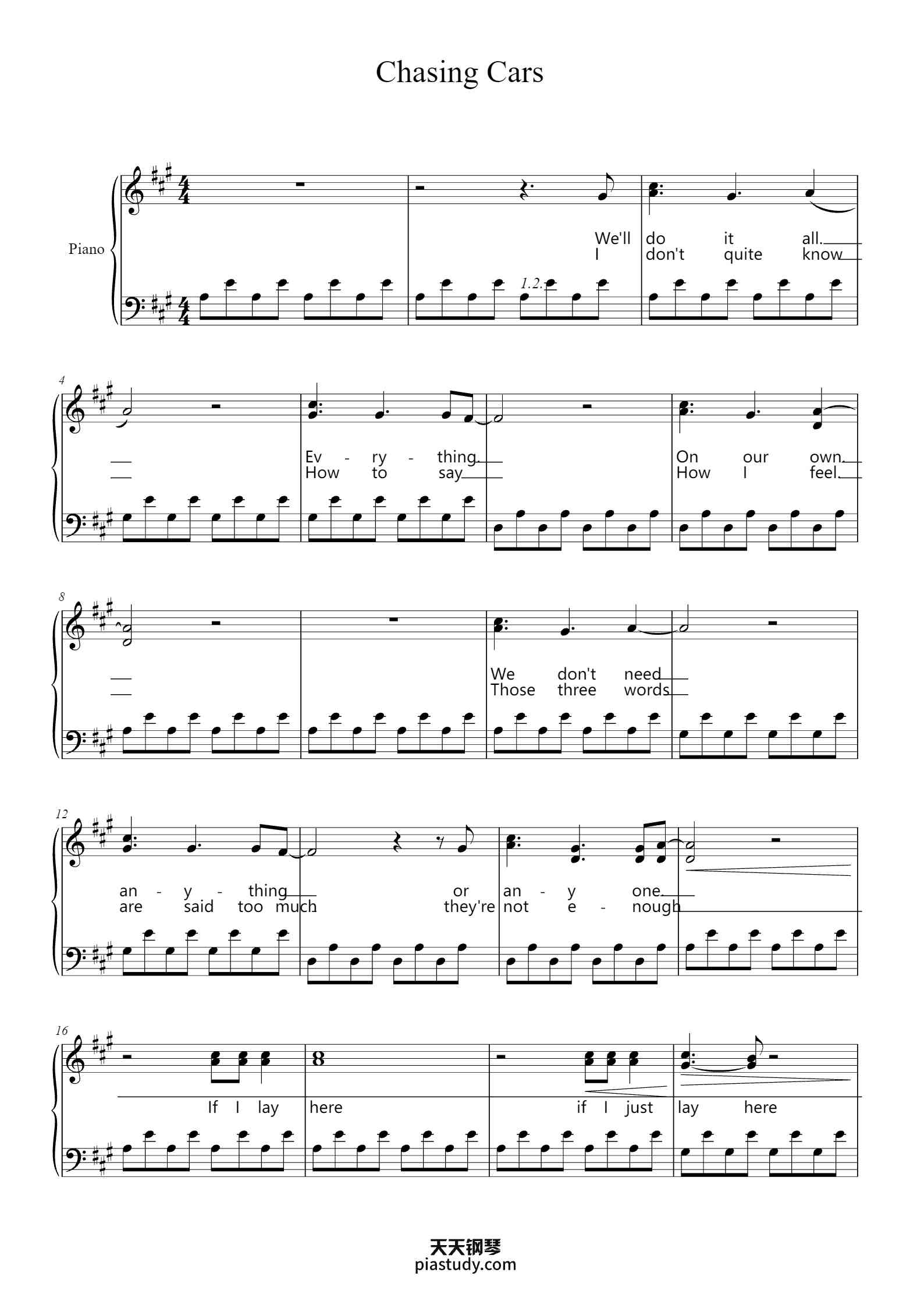 'Chasing Cars' - Piano Sheet Music By Snow Patrol | TOPiano