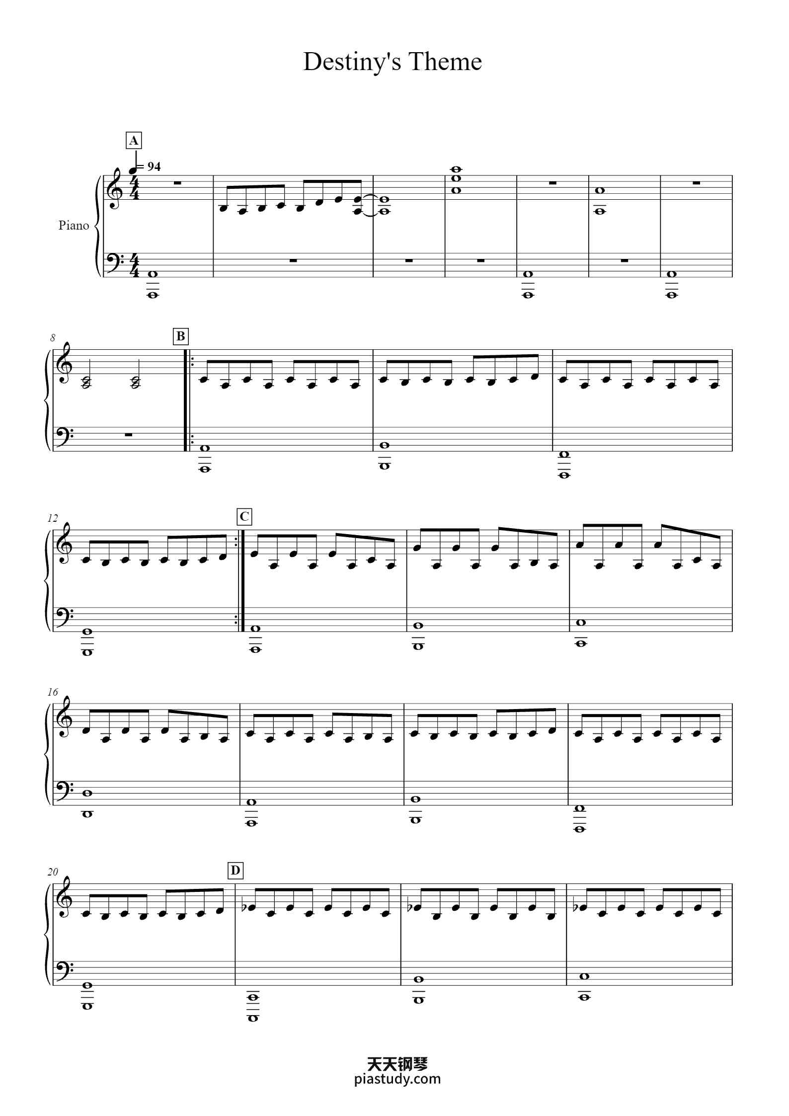 Destiny's Theme钢琴谱 - Joel Goldsmith - free piano sheet music - PiaNoproblem