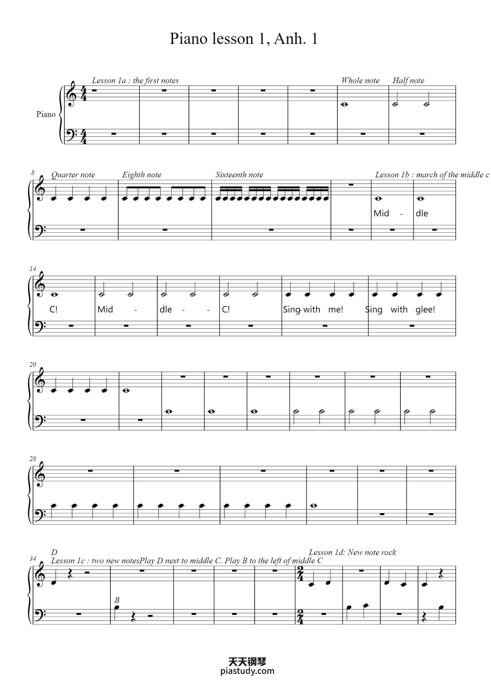 Piano lesson 1, Anh. 1钢琴谱 - - free piano sheet music - PiaNoproblem