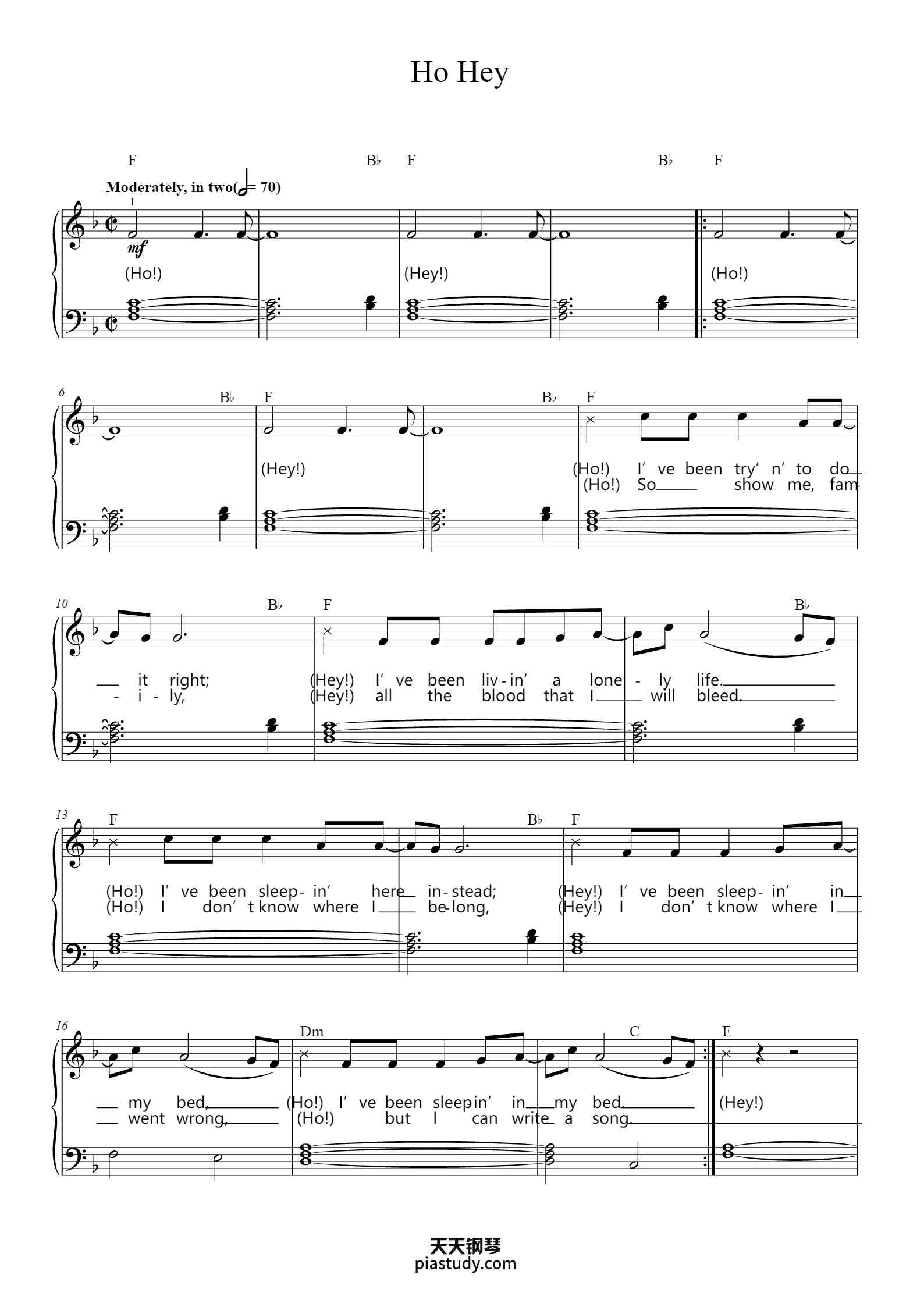'Ho Hey' - Piano Sheet Music By Words and Music by JEREMY FRAITES and ...