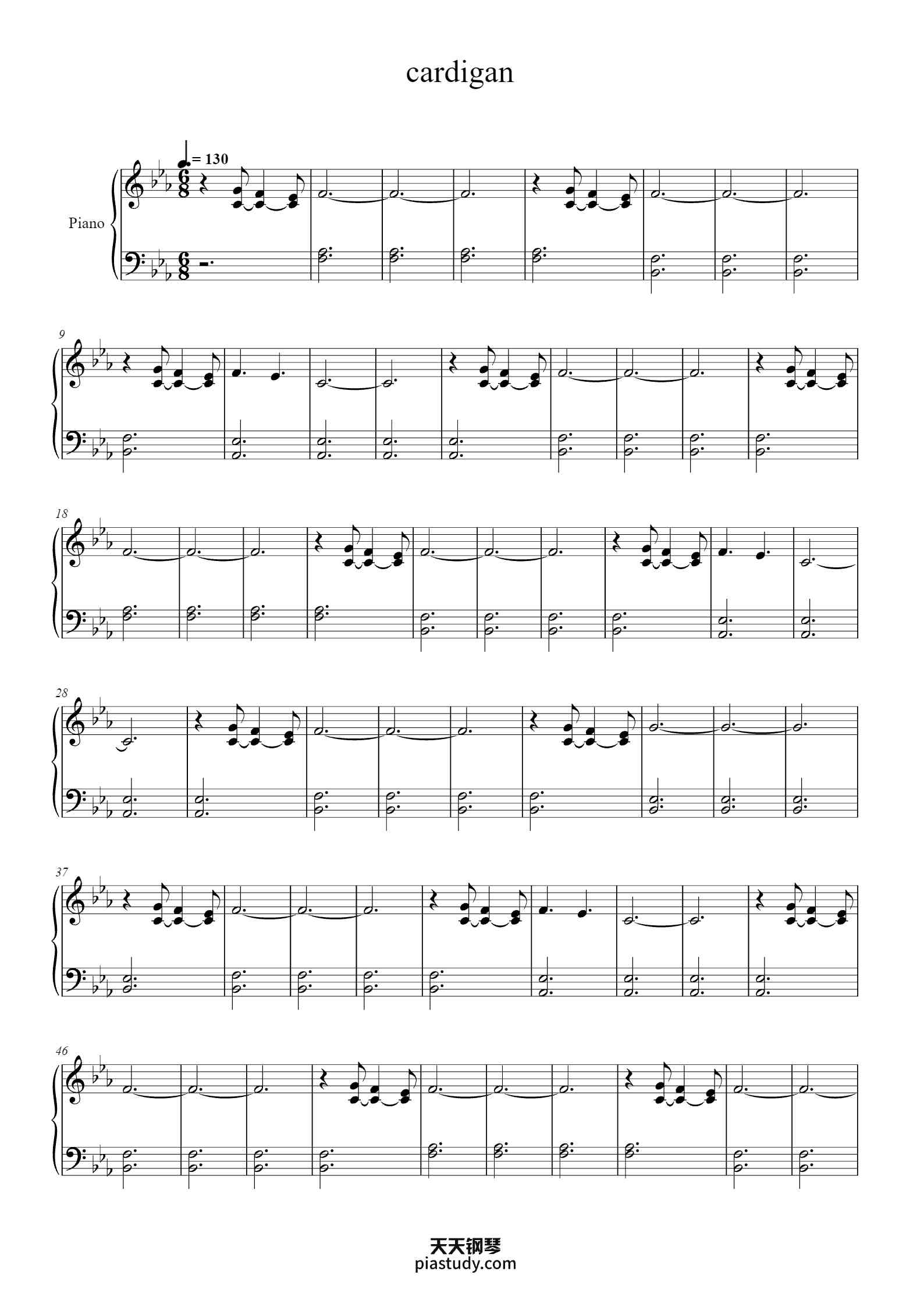 cardigan钢琴谱 - Taylor Swift - free piano sheet music - PiaNoproblem
