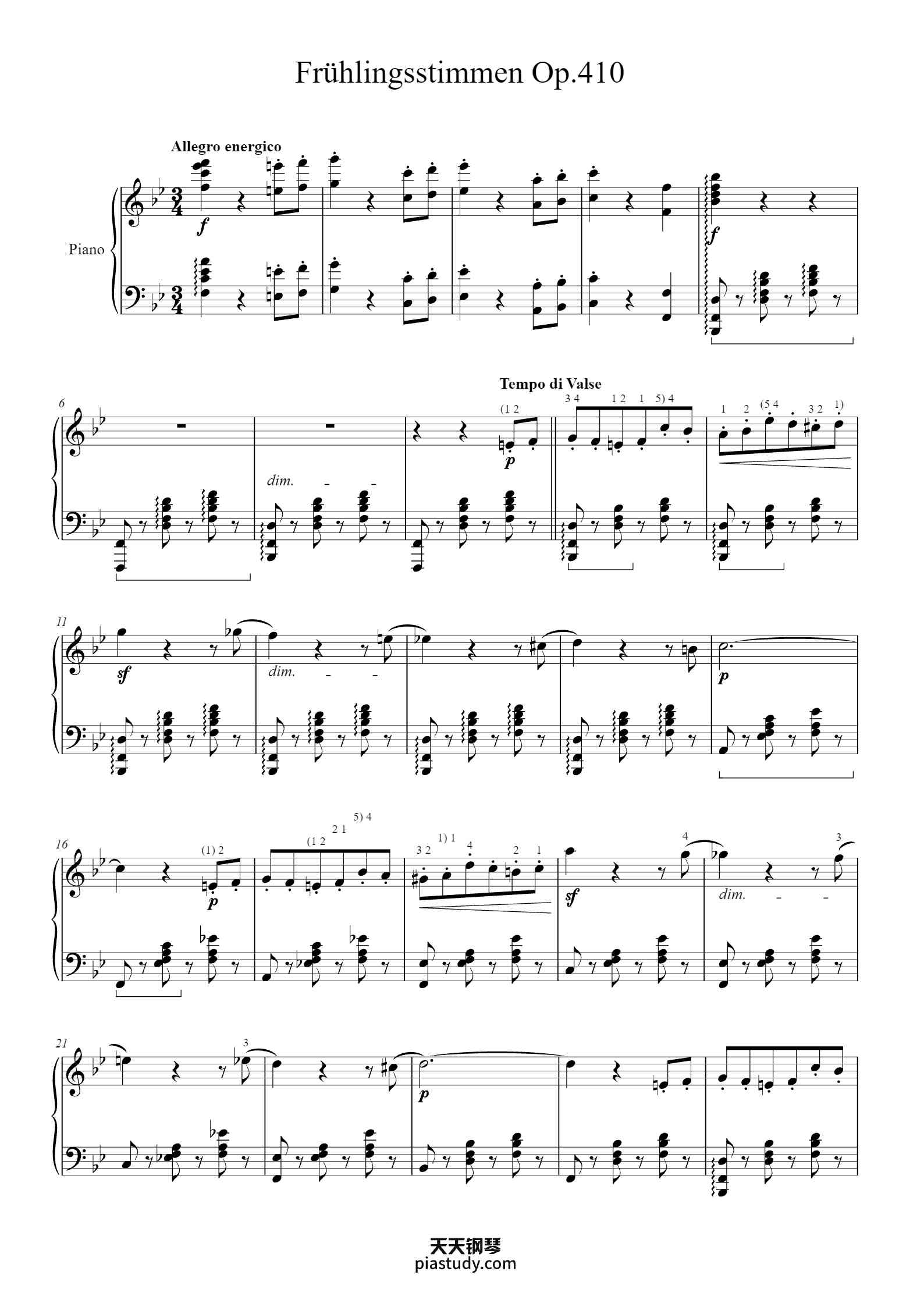 Frühlingsstimmen, Op. 410 (Voice of Spring) - Waltz钢琴谱 - Johann Strauss ...