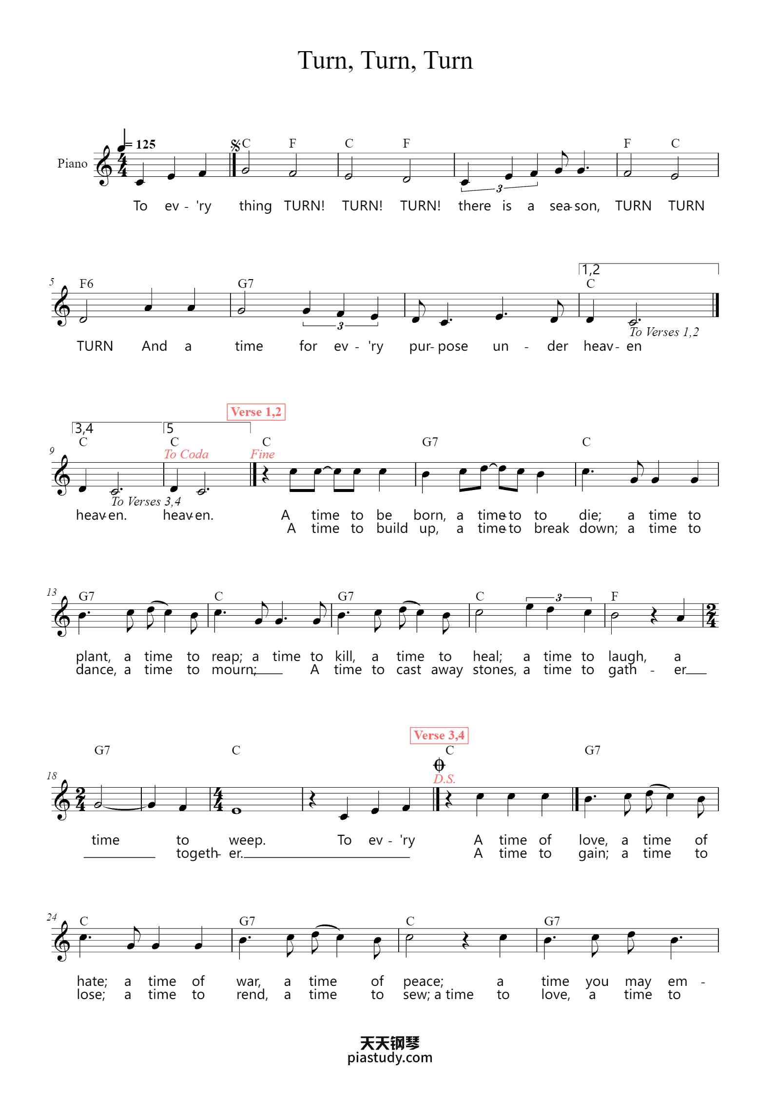 Turn, Turn, Turn钢琴谱 - Pete Seeger/The Byrds - free piano sheet music ...