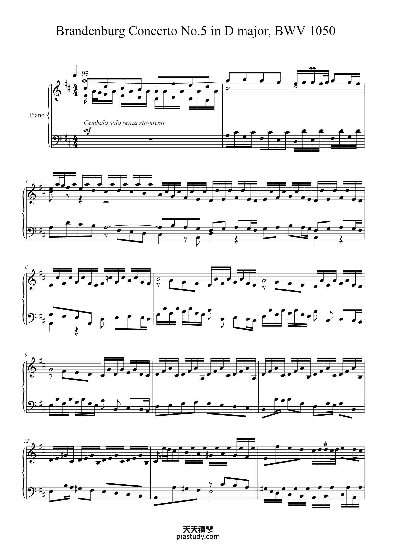 Brandenburg Concerto No. 5 in D Major, BWV 1050钢琴谱 - Johann Sebastian ...