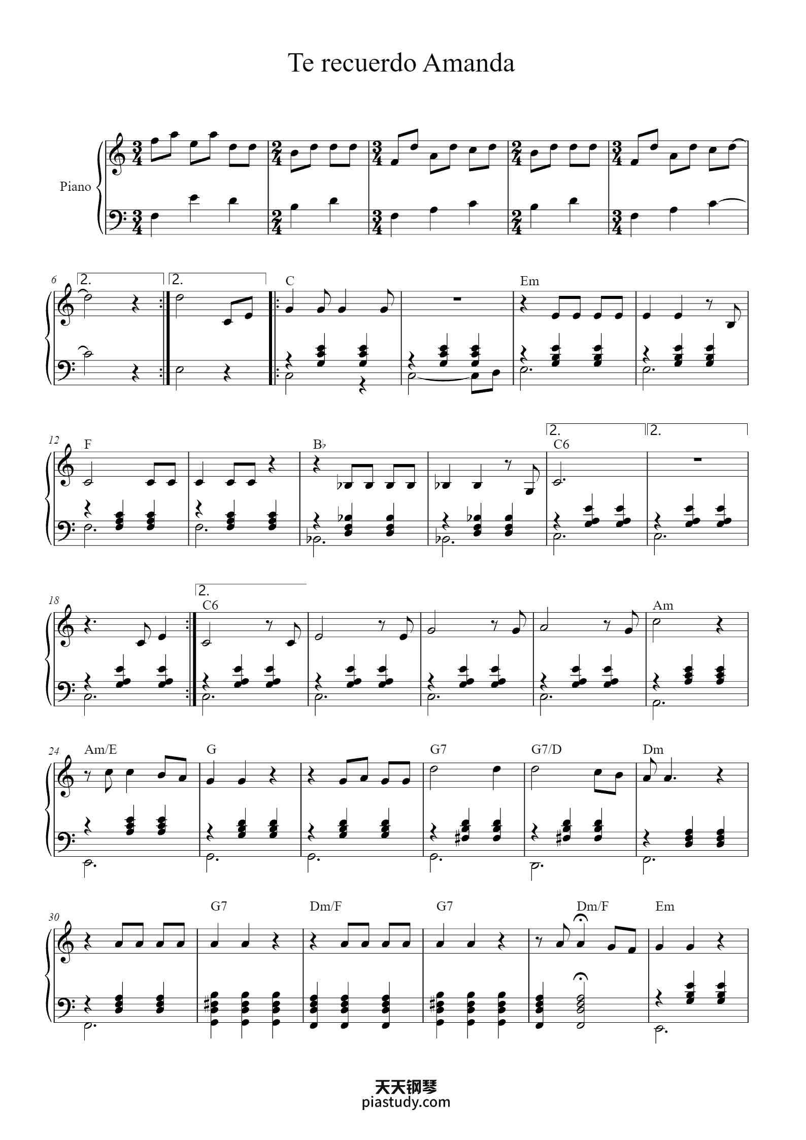Te recuerdo Amanda钢琴谱 - Víctor Jara - free piano sheet music - PiaNoproblem