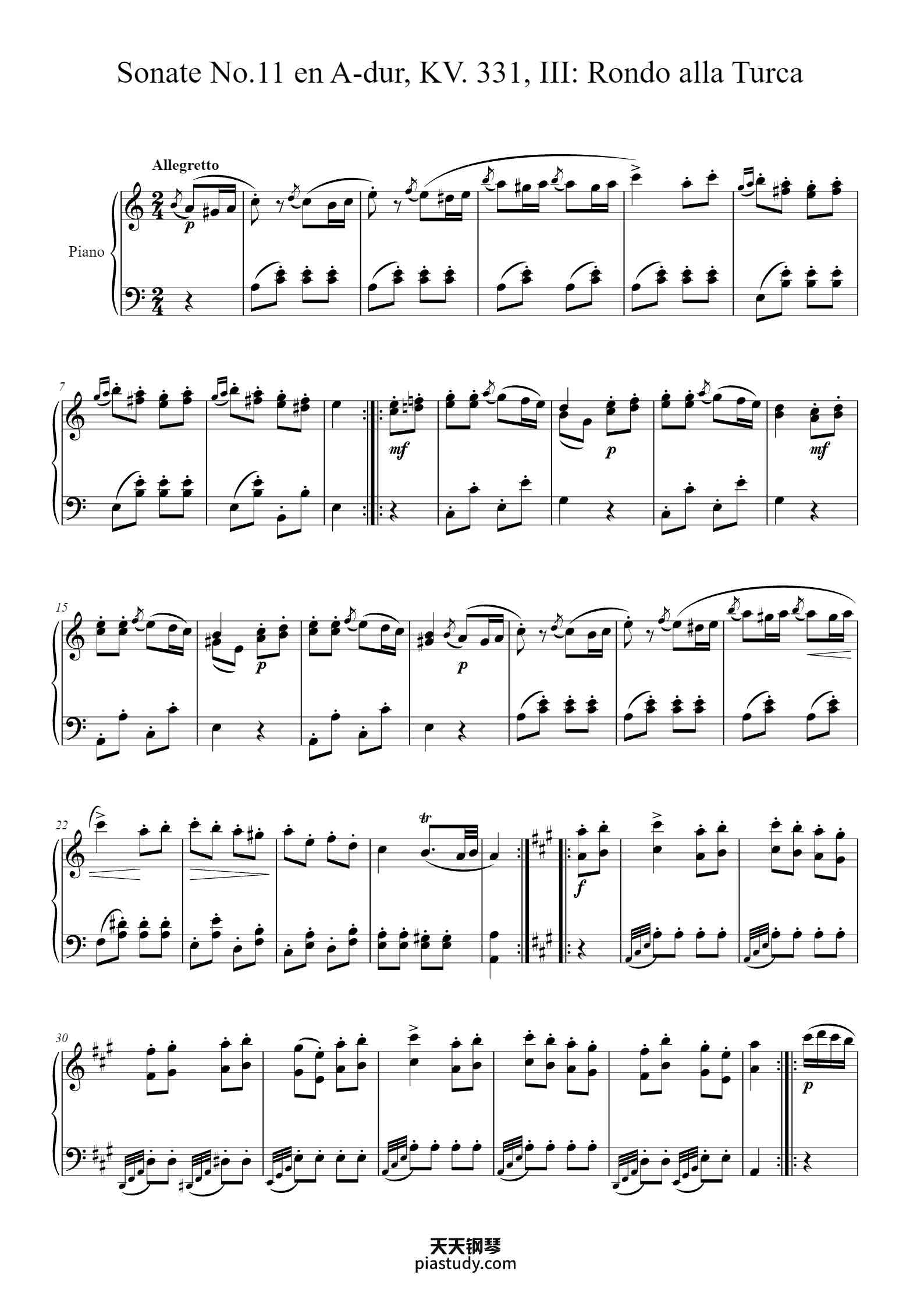 'Sonate No. 11 in A Major, K. 331: III. Rondo alla Turca' - Piano Sheet ...