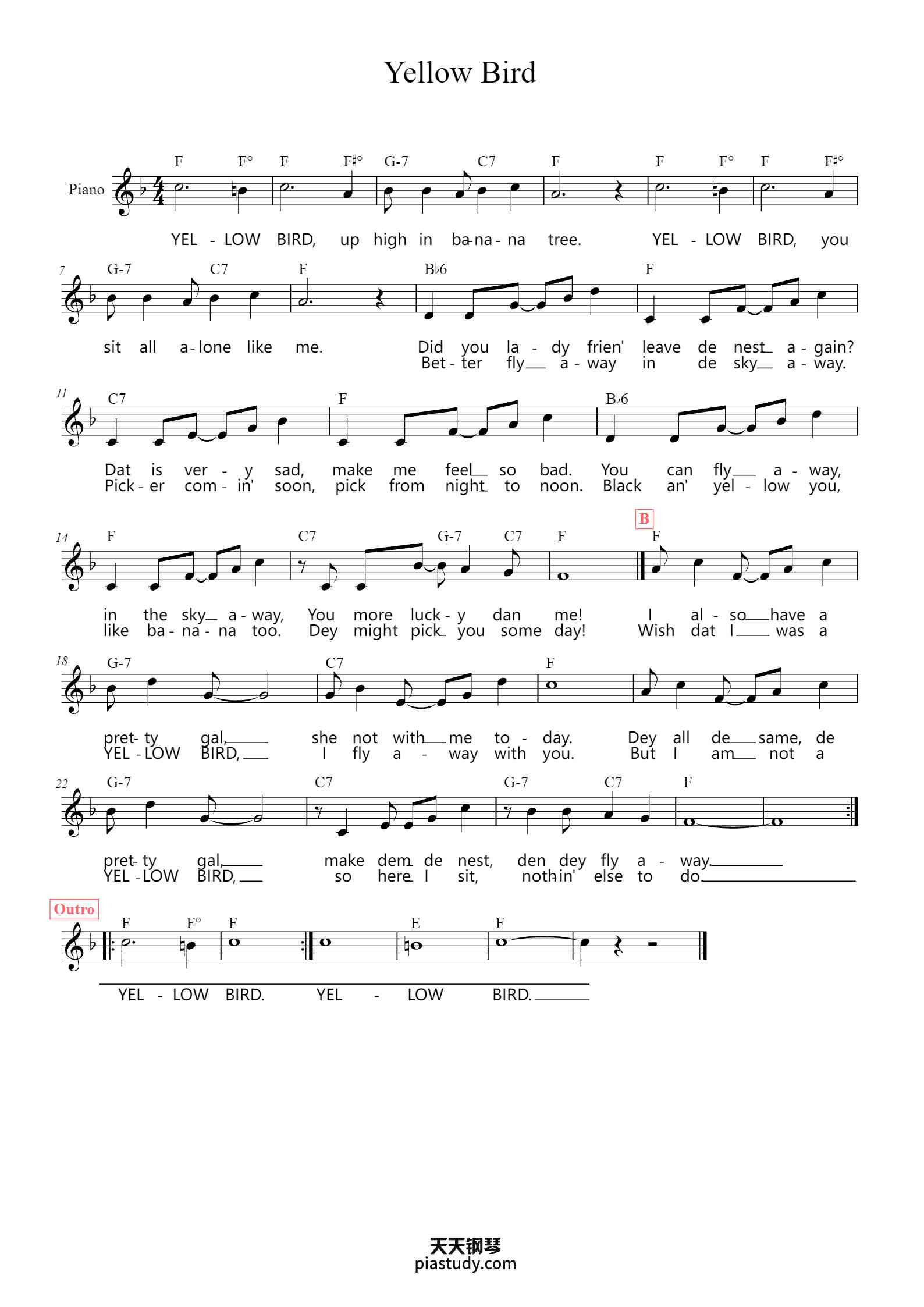 'Yellow Bird' - Piano Sheet Music By Michel Mauléart Monton adapted by ...