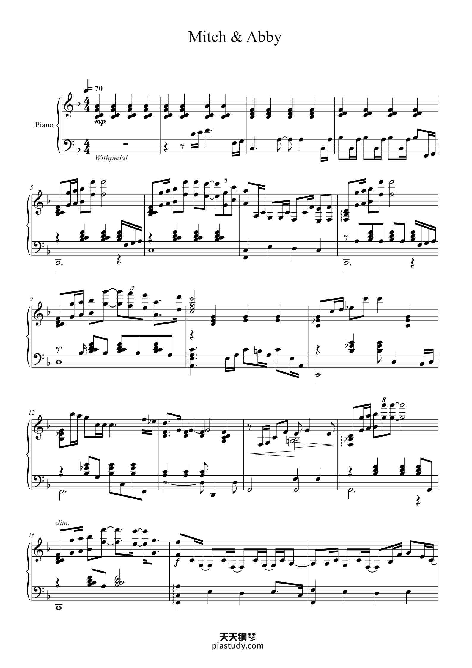 Mitch & Abby钢琴谱 - Dave Grusin - free piano sheet music - PiaNoproblem