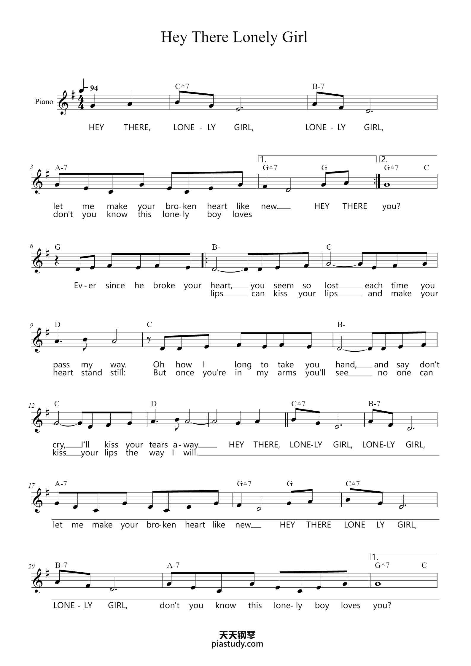 'Hey There Lonely Girl' - Piano Sheet Music By Leon Carr and Earl ...