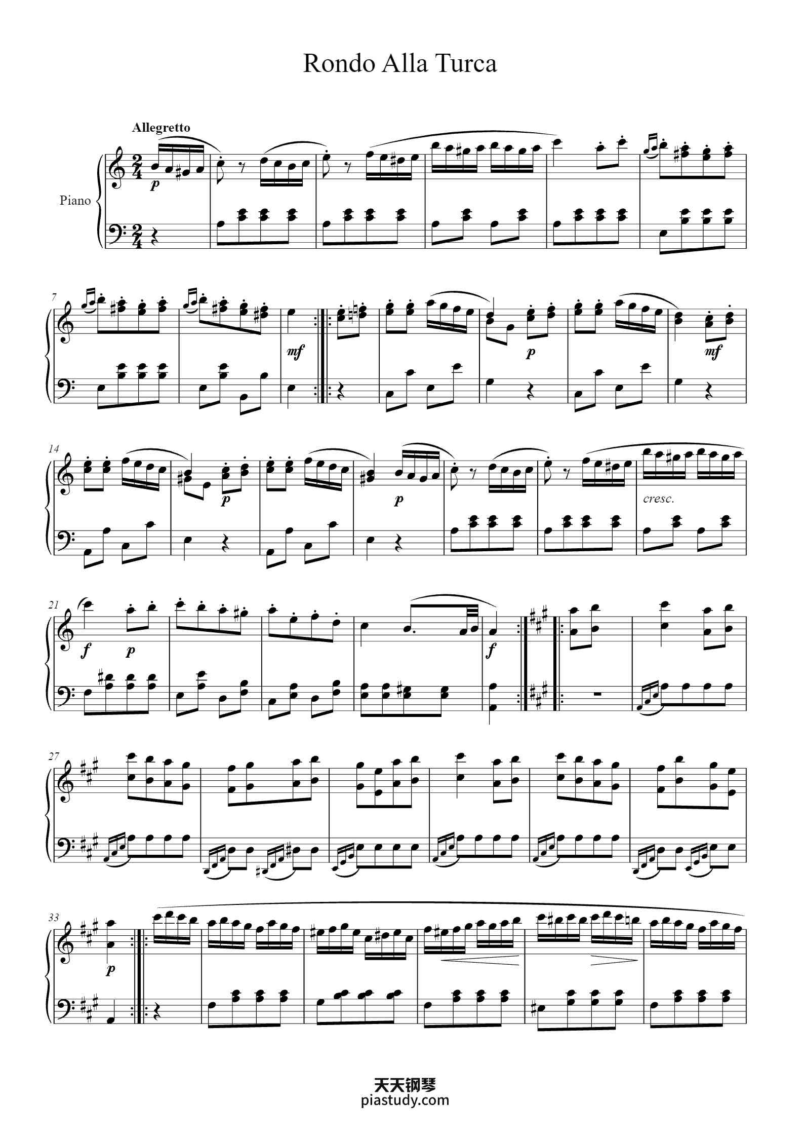 Sonate No. 11 in A Major, K. 331/300i: III. Rondo Alla Turca钢琴谱 ...