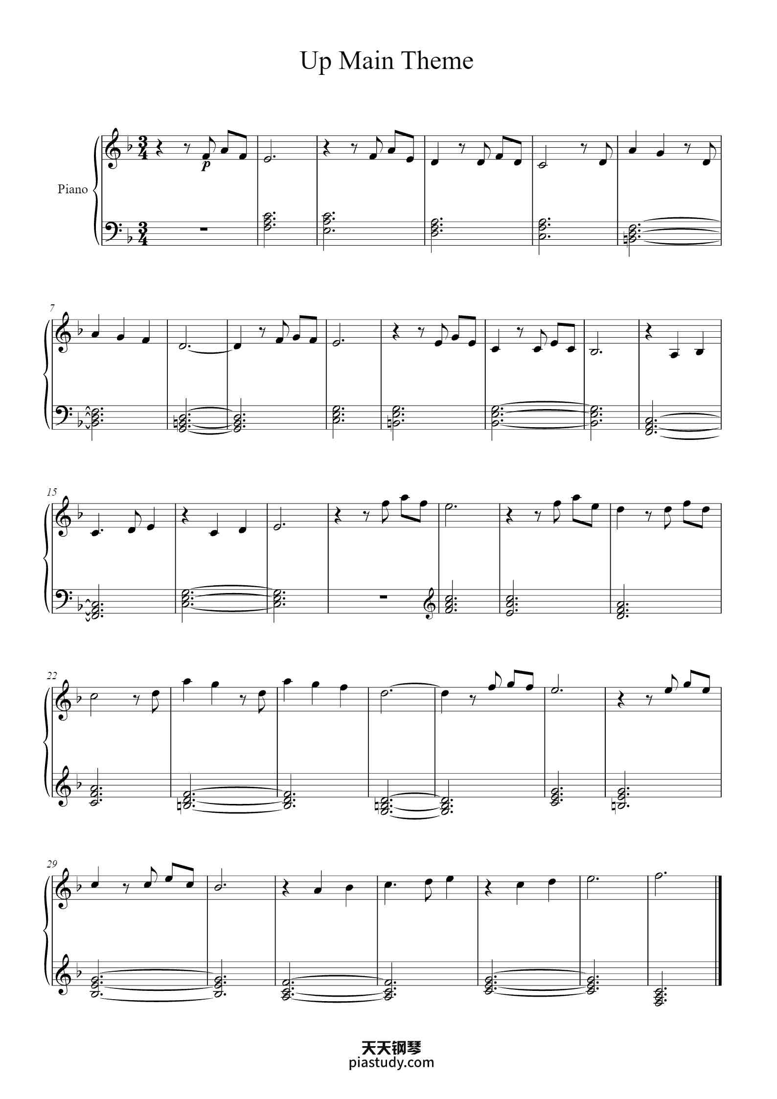 'Disney Pixar's Up Main Theme Easy Piano Solo' - Piano Sheet Music By ...