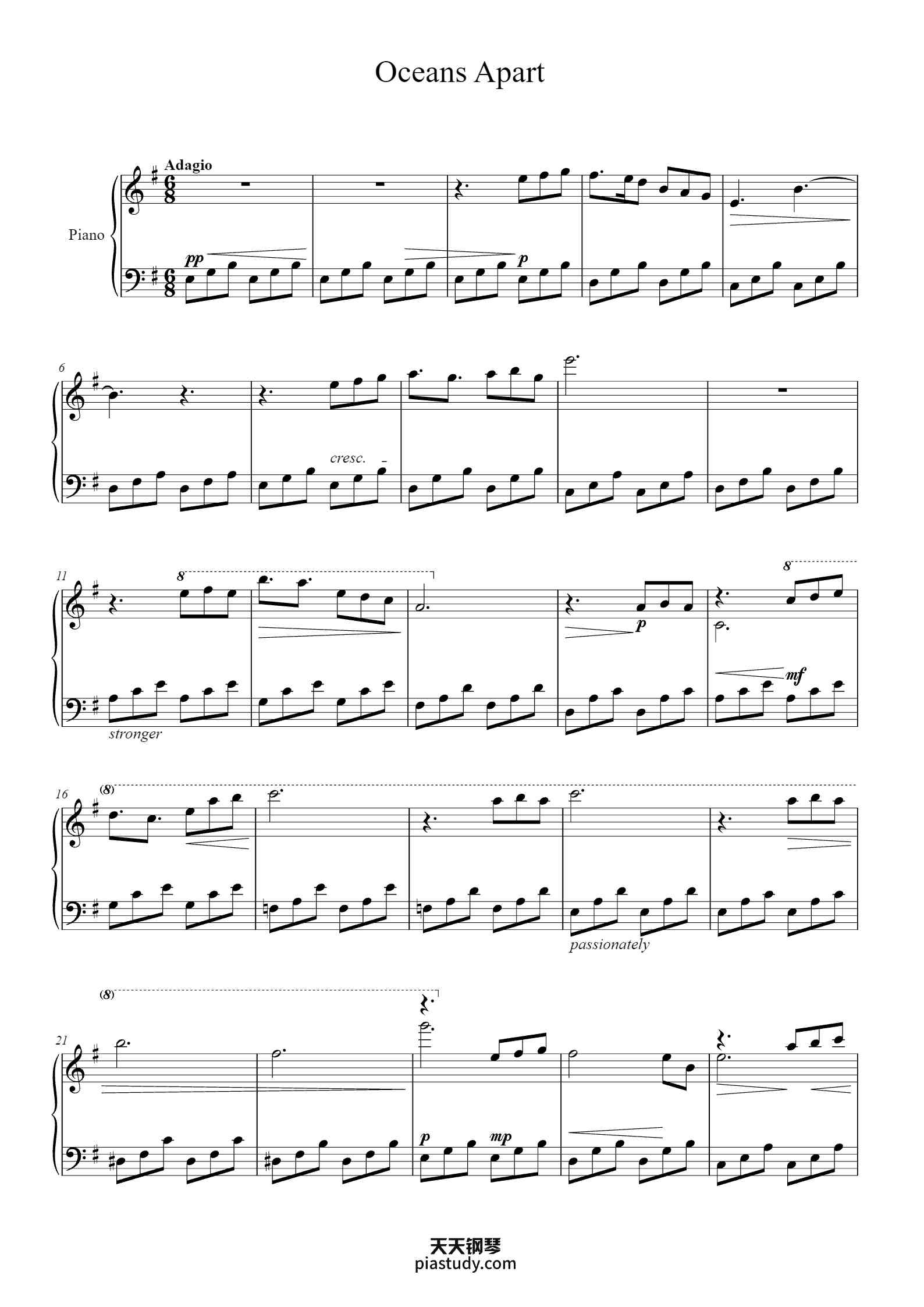 'Oceans Apart – Ben Crosland' - Piano Sheet Music By Arr aderlake | TOPiano