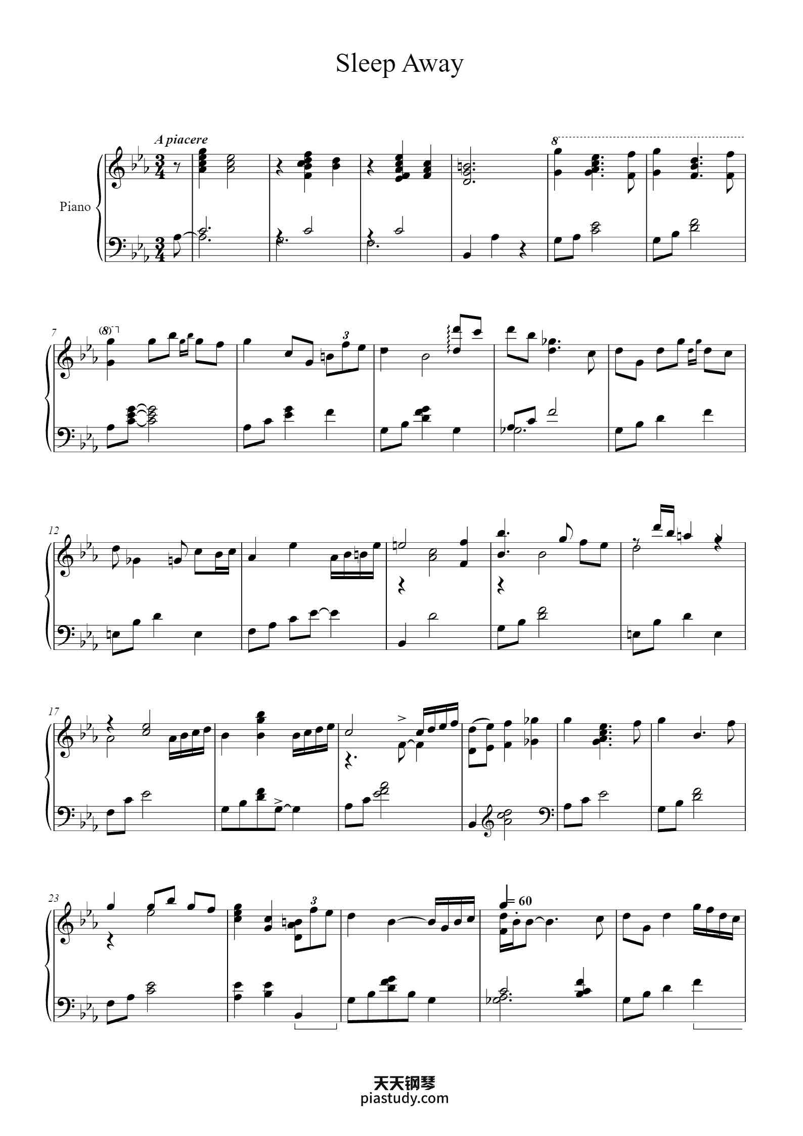 Sleep Away钢琴谱 - Bob Acri - free piano sheet music - PiaNoproblem