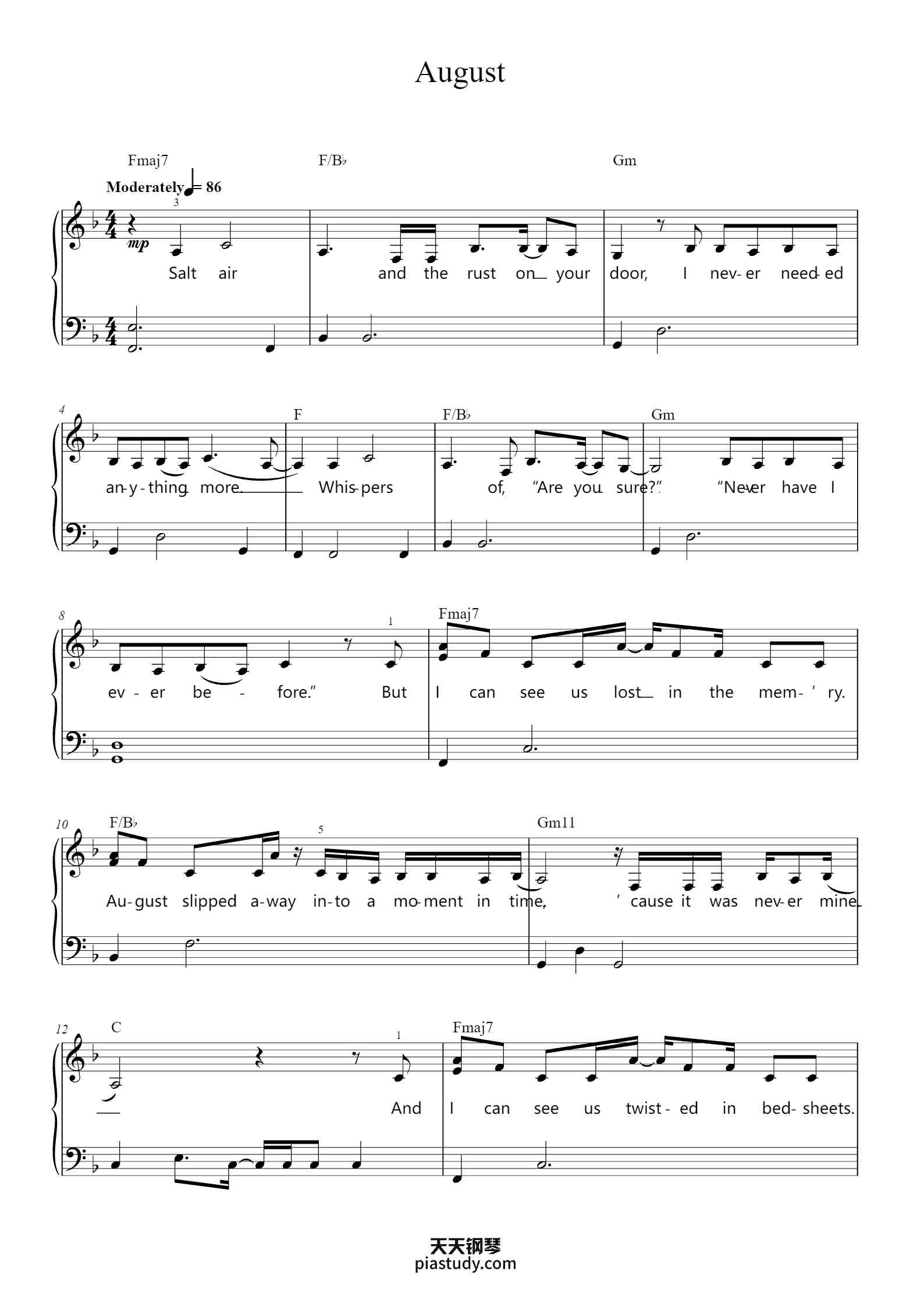 'August' - Piano Sheet Music By Words and Music by TAYLOR SWIFT and ...