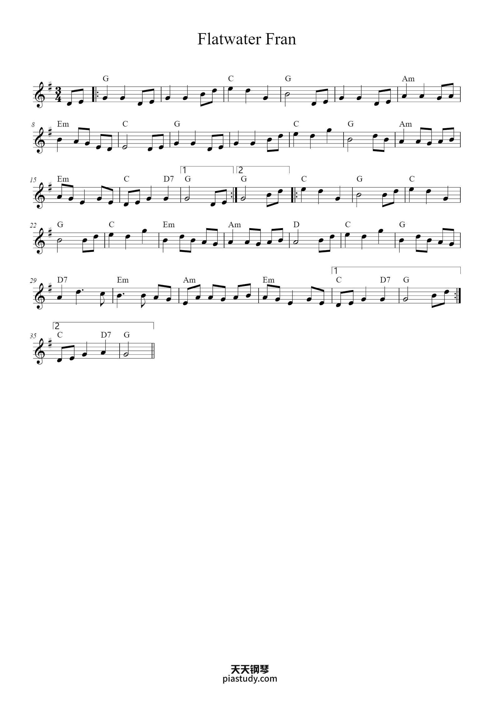 Flatwater Fran钢琴谱 - - free piano sheet music - PiaNoproblem