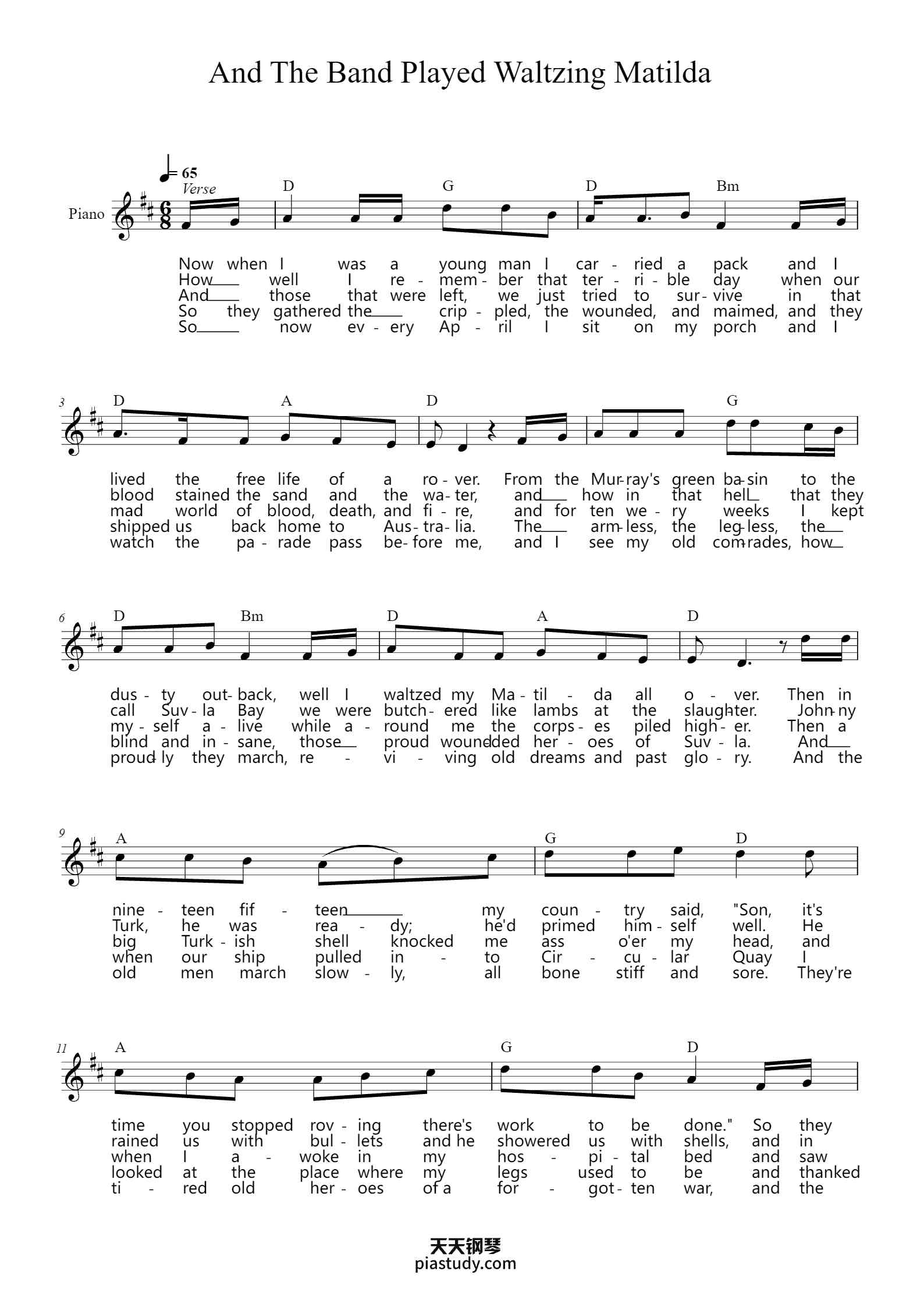 'And The Band Played Waltzing Matilda' - Piano Sheet Music By Eric ...