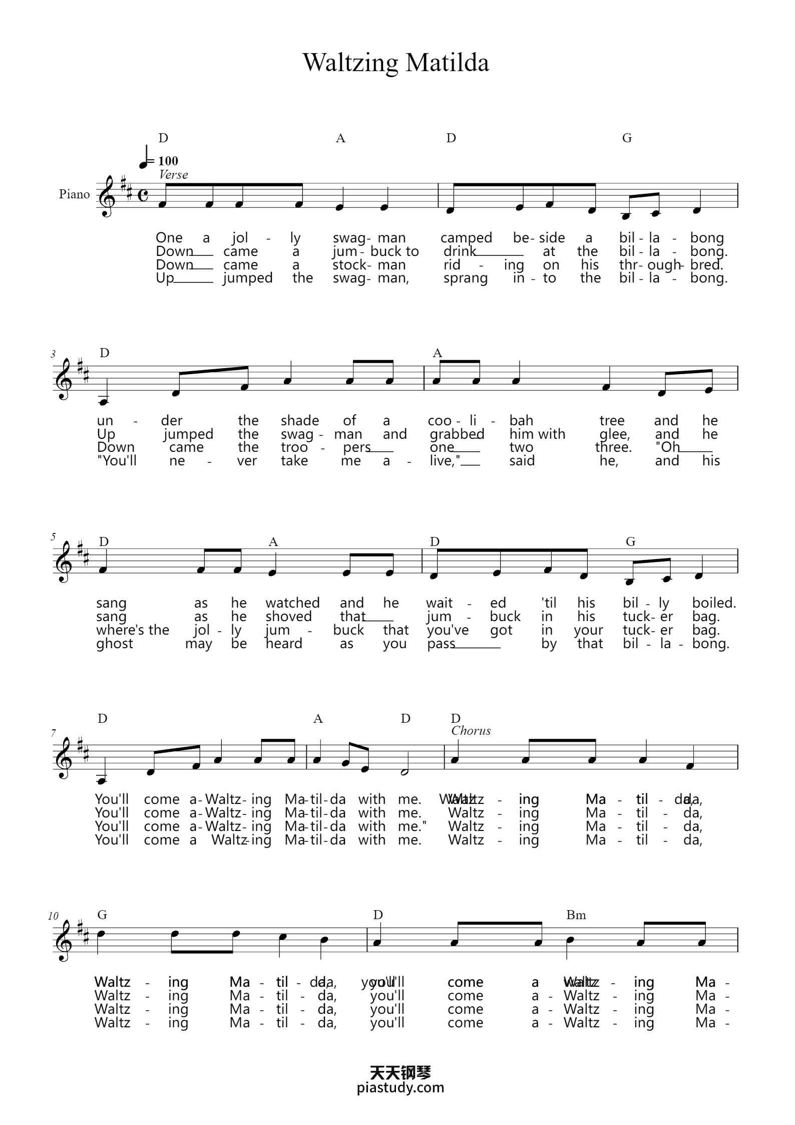 Waltzing Matilda钢琴谱 - Banjo Paterson - free piano sheet music ...
