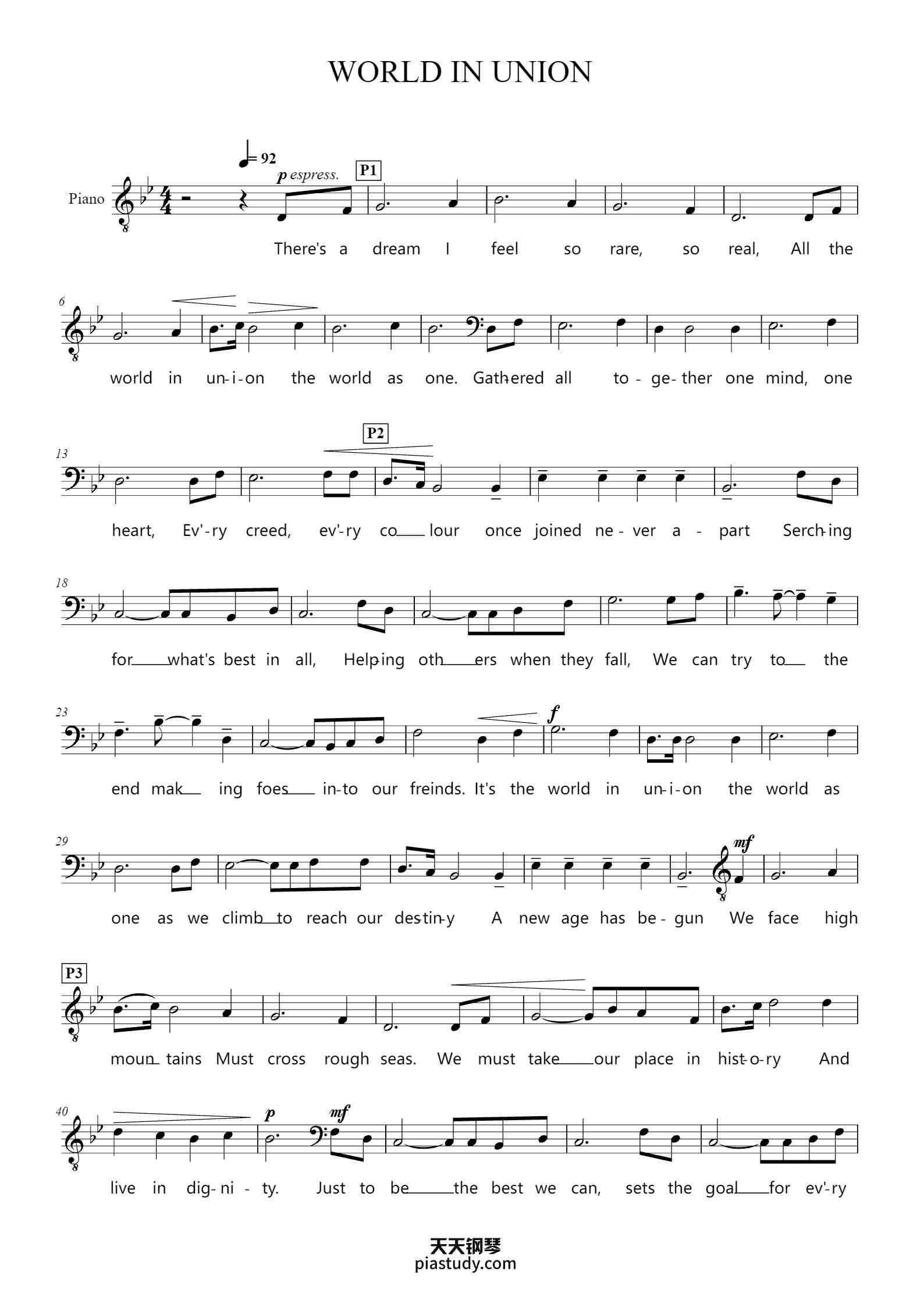 WORLD IN UNION钢琴谱 - Ajwilkes - free piano sheet music - PiaNoproblem