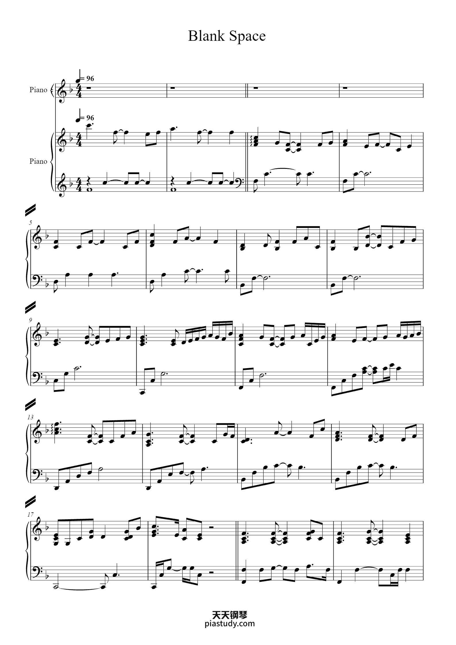 'Blank Space【唯美伴奏】Taylor Swift「一撇撇耶」' - Piano Sheet Music By Taylor ...